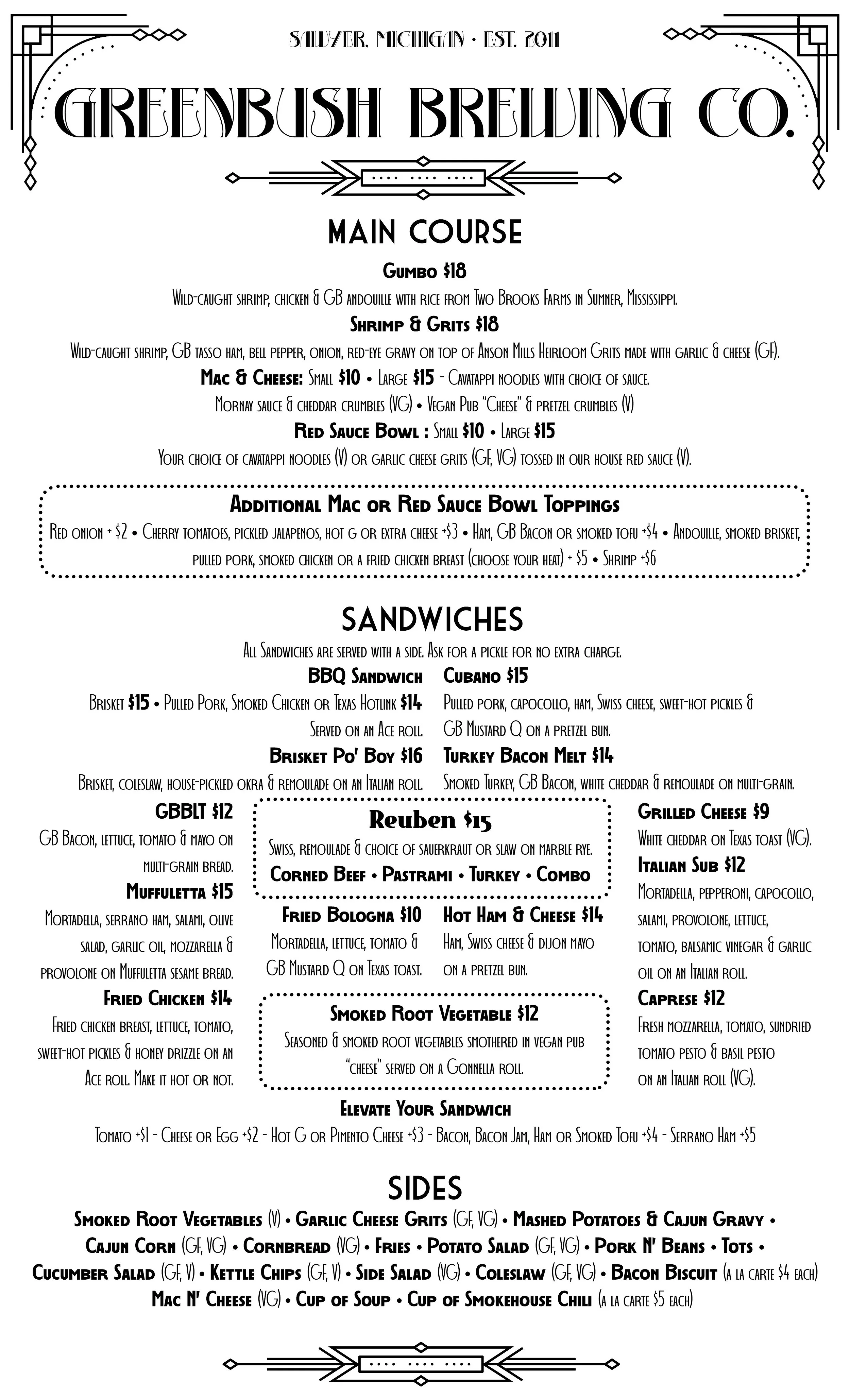 Full Menu — Greenbush Brewing Co.