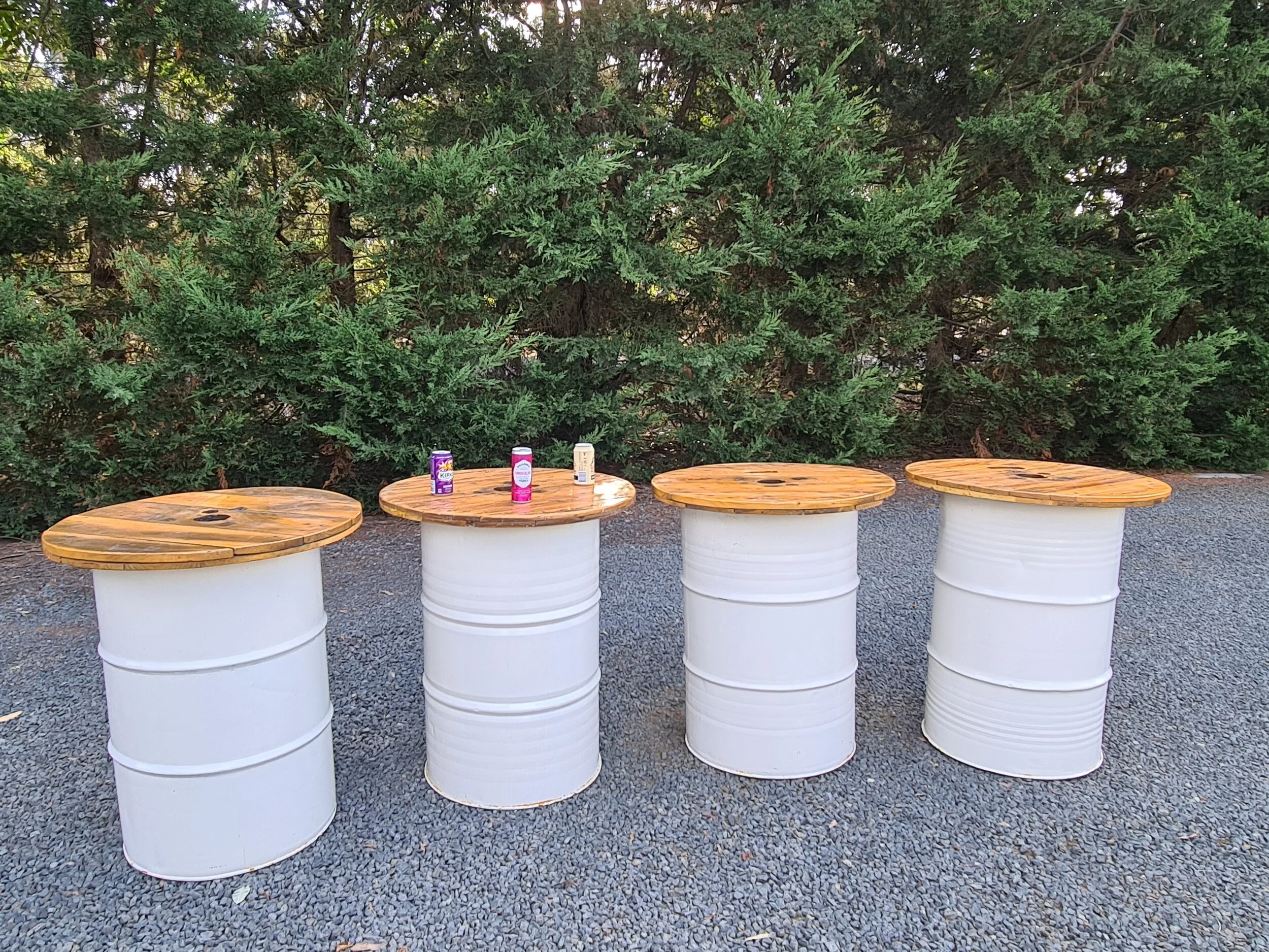 White & timber bar tables — Bluebird Vintage Hire