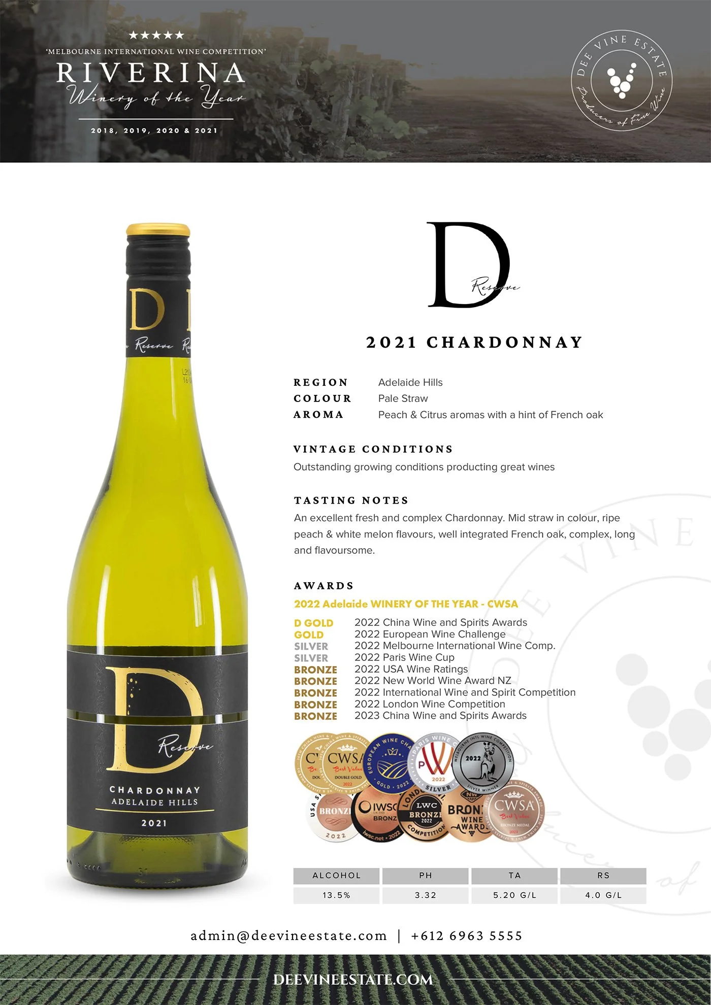 D-RESERVE CHARDONNAY 2021 | Dee Wine Estate — Dee Vine Estate