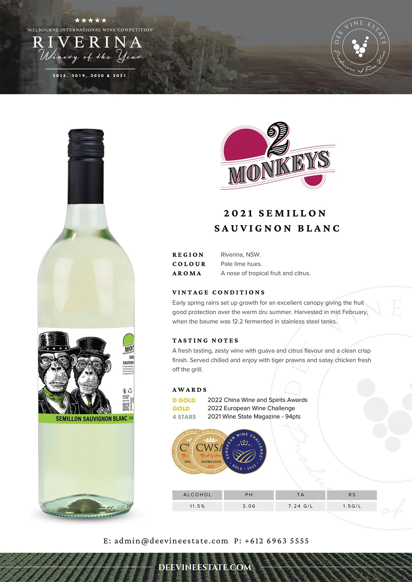 2 Monkeys Semillon Sauvignon Blanc 2023 — Dee Vine Estate
