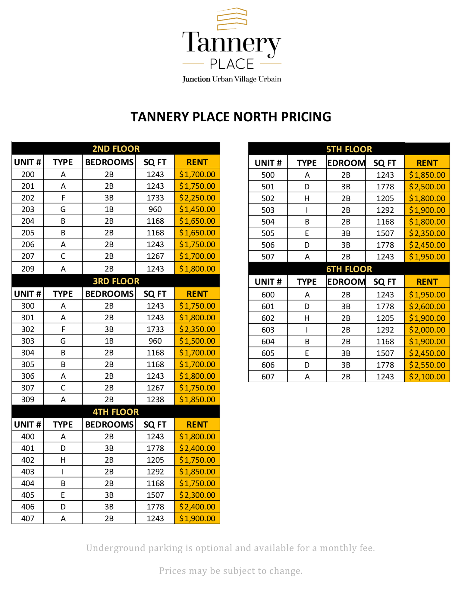 PRICE LIST — Tannery Place