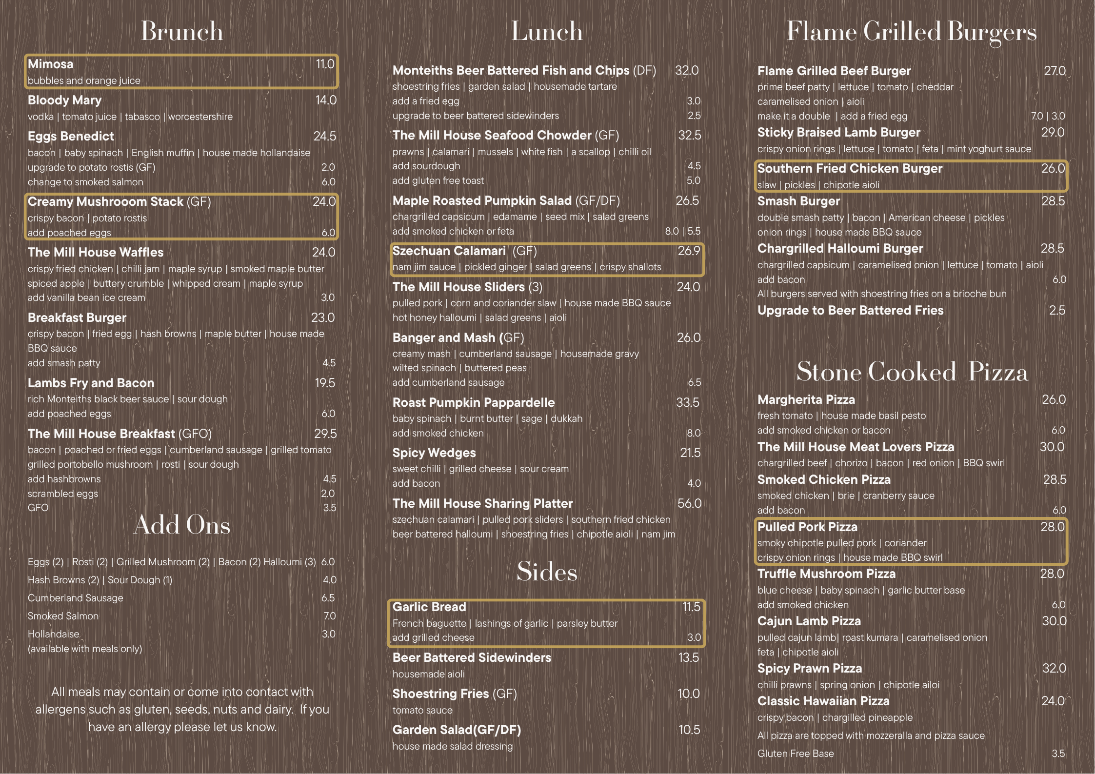 Menus — The Millhouse Bar