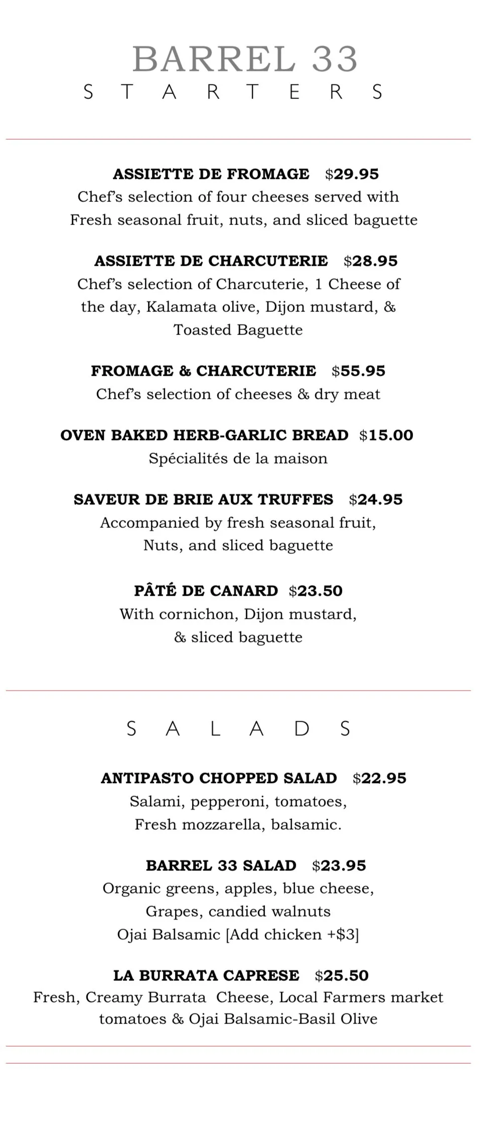 Menu FOOD & BEVERAGE — Barrel 33