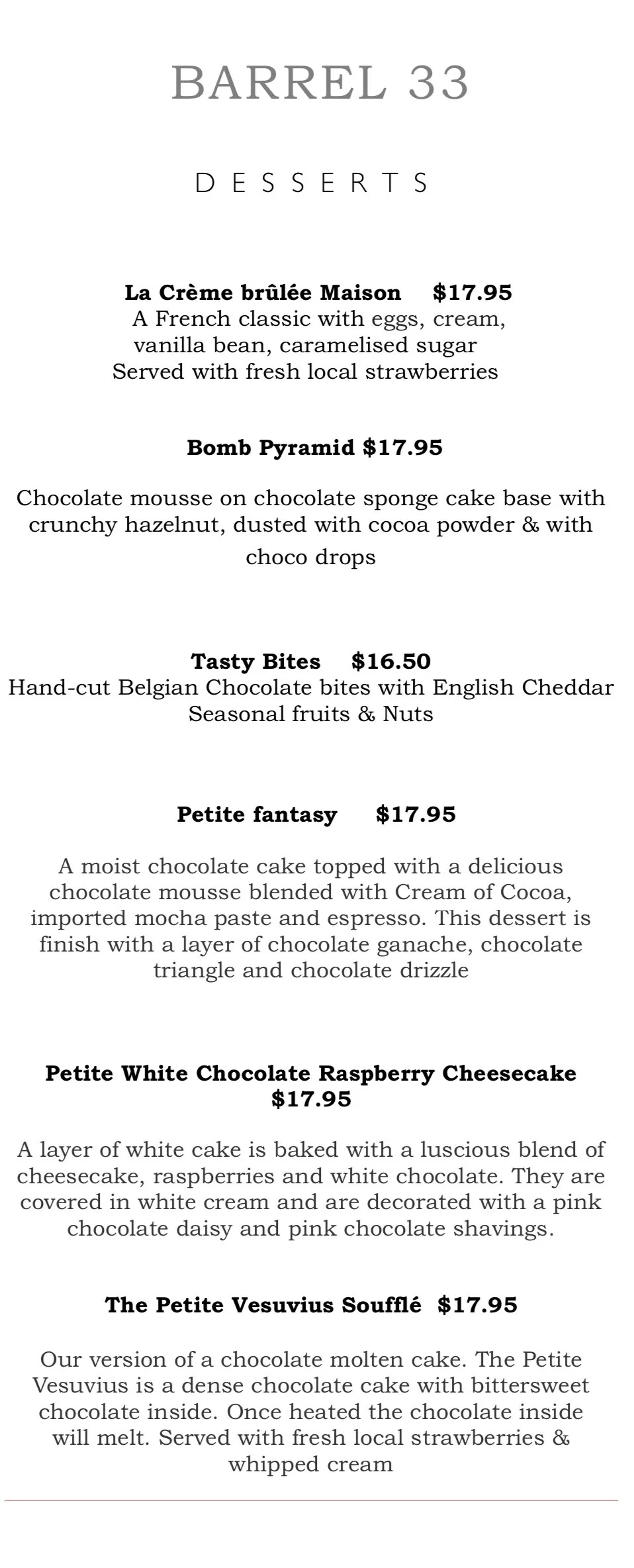 Menu FOOD & BEVERAGE — Barrel 33