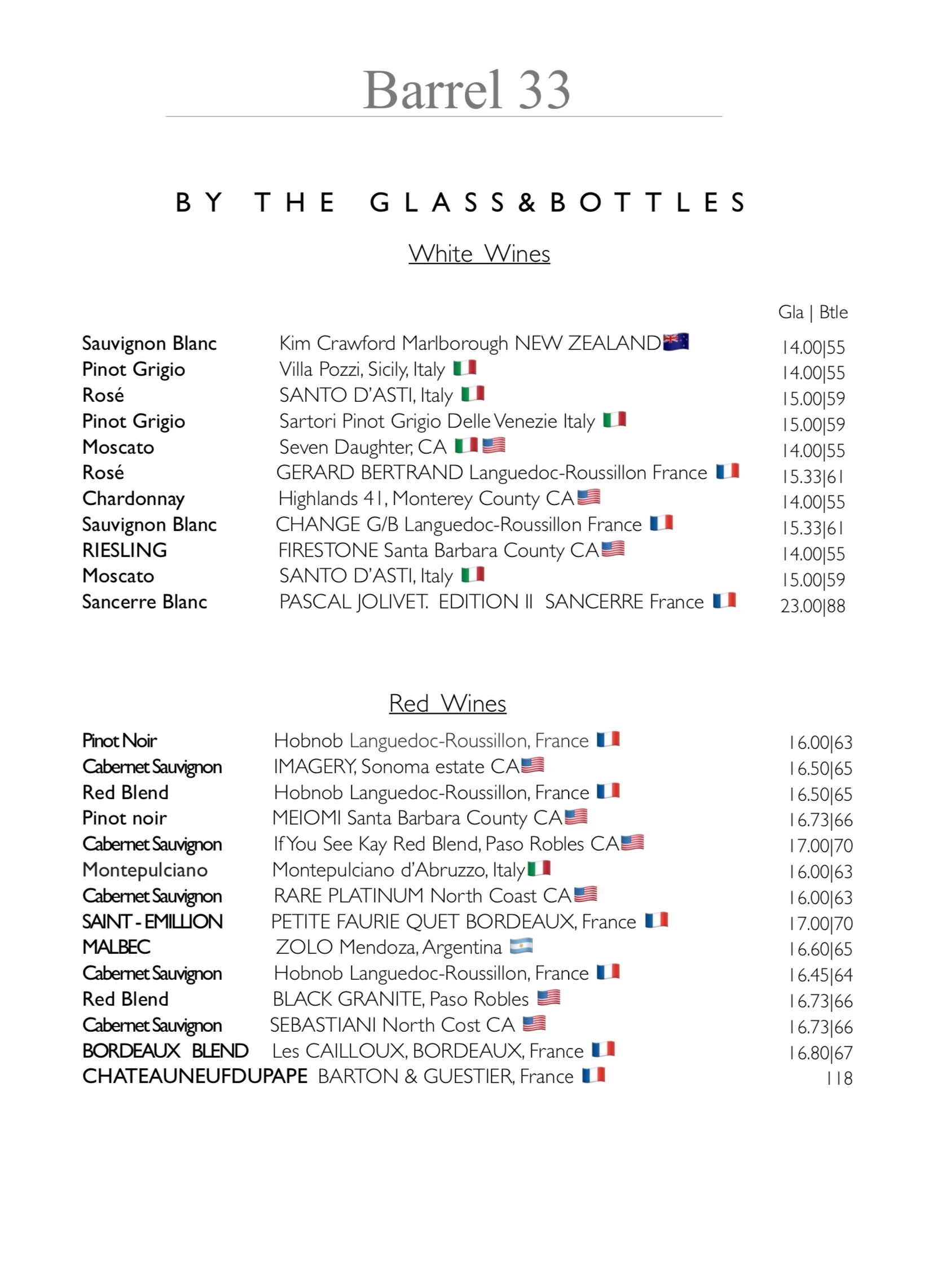 Menu FOOD & BEVERAGE — Barrel 33