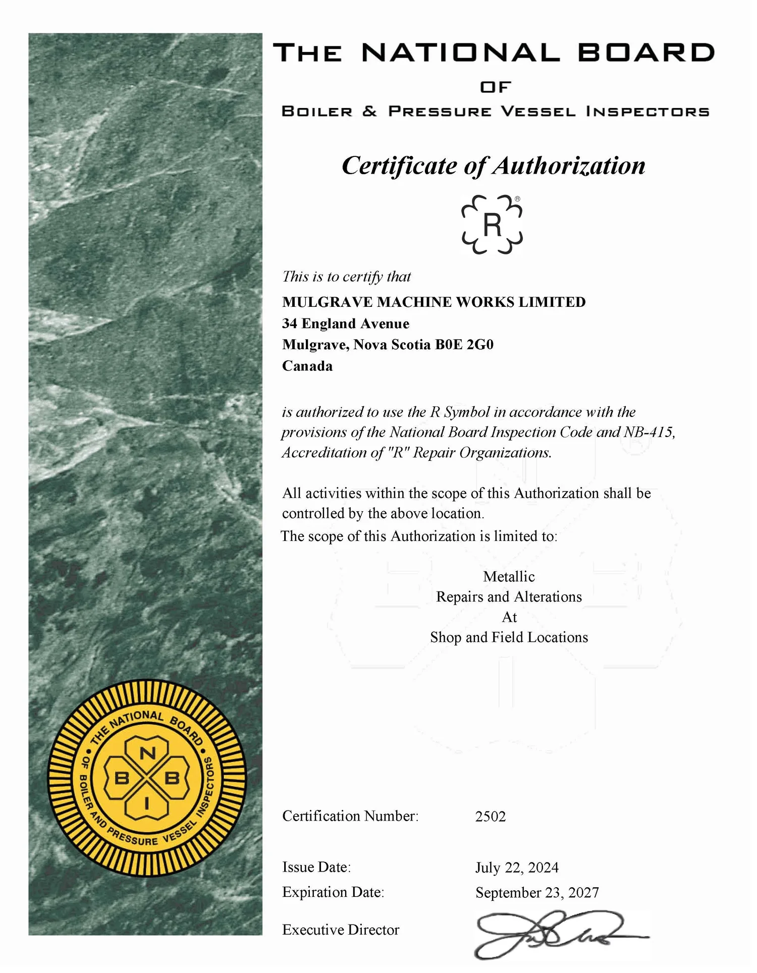 Our Certifications — Mulgrave Machine Works