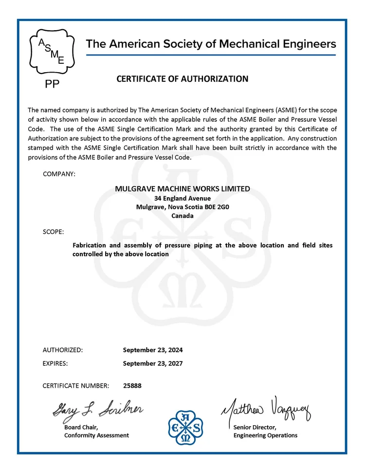 Our Certifications — Mulgrave Machine Works