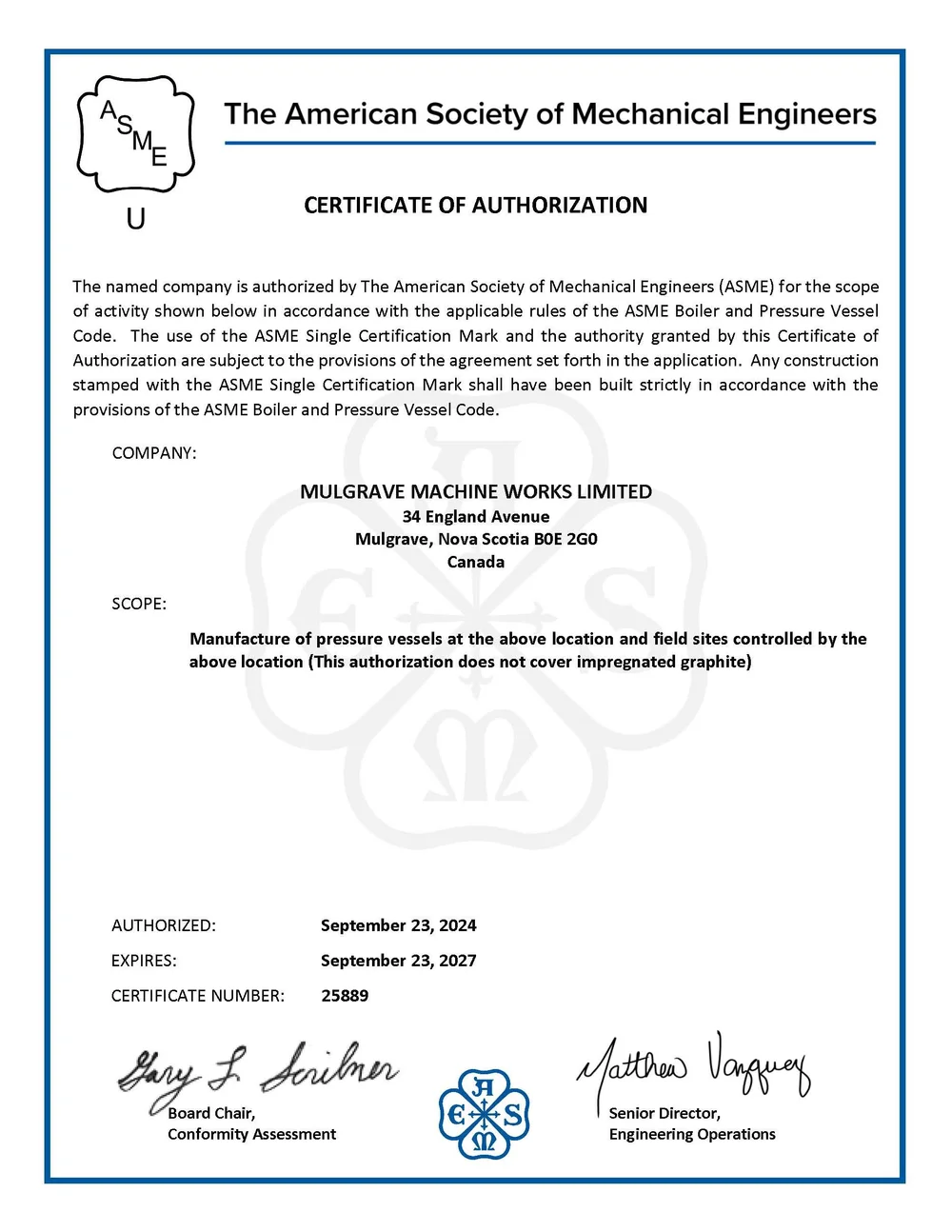 Our Certifications — Mulgrave Machine Works