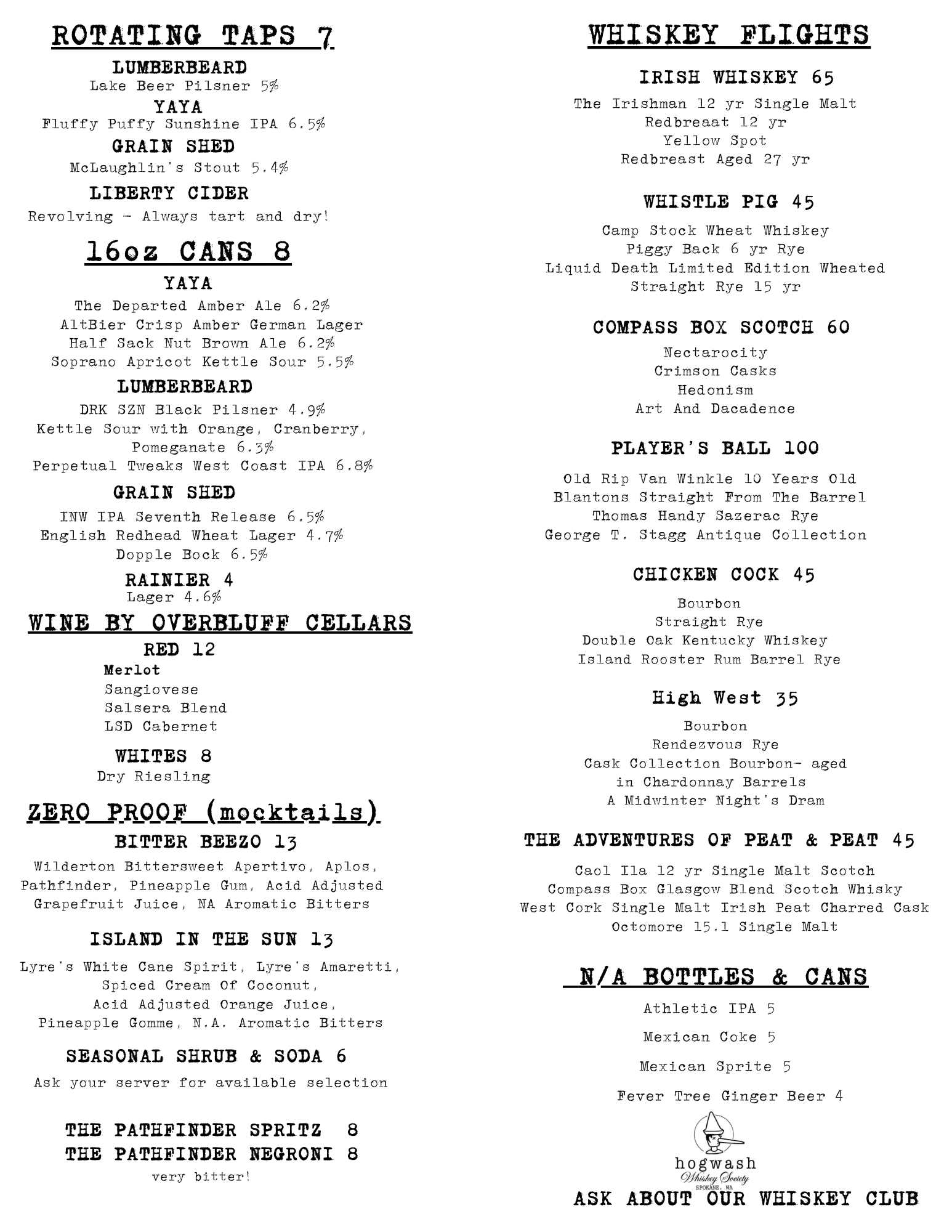Menus — Hogwash Whiskey Den