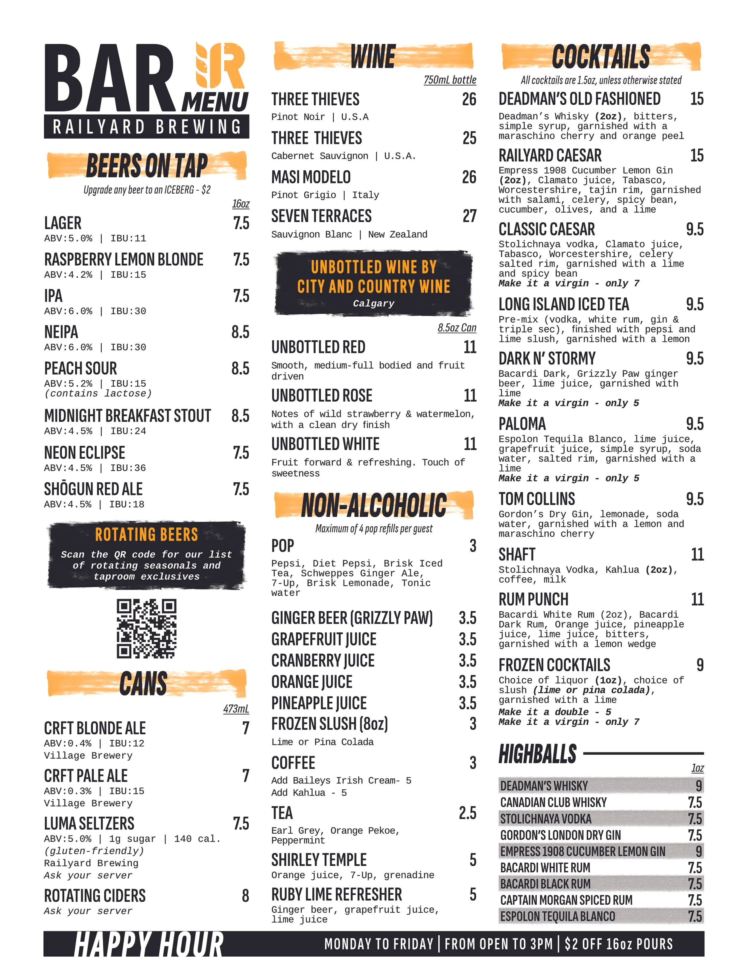 Railyard Brewing's Food & Beverage menu