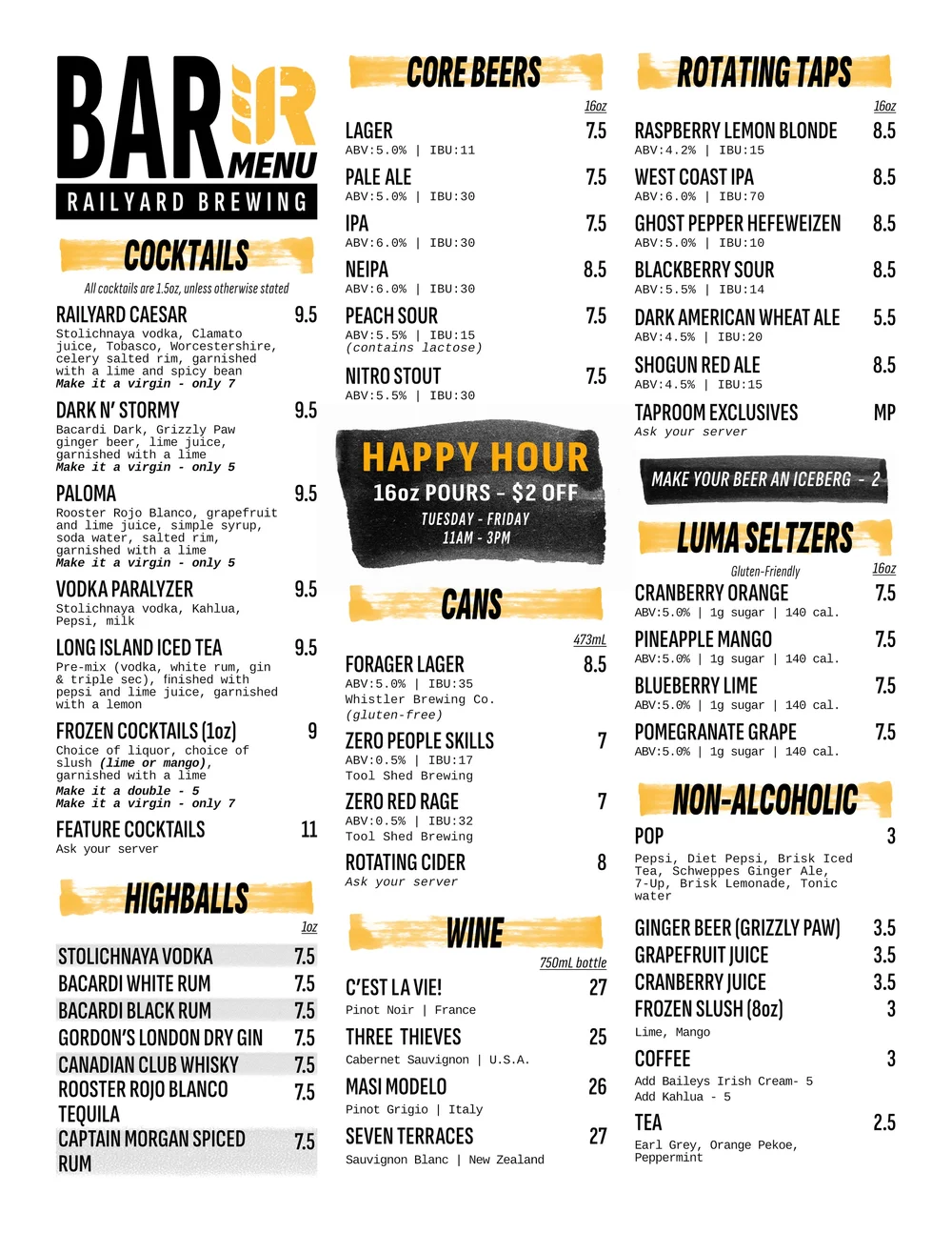 Railyard Brewing's Food & Beverage menu