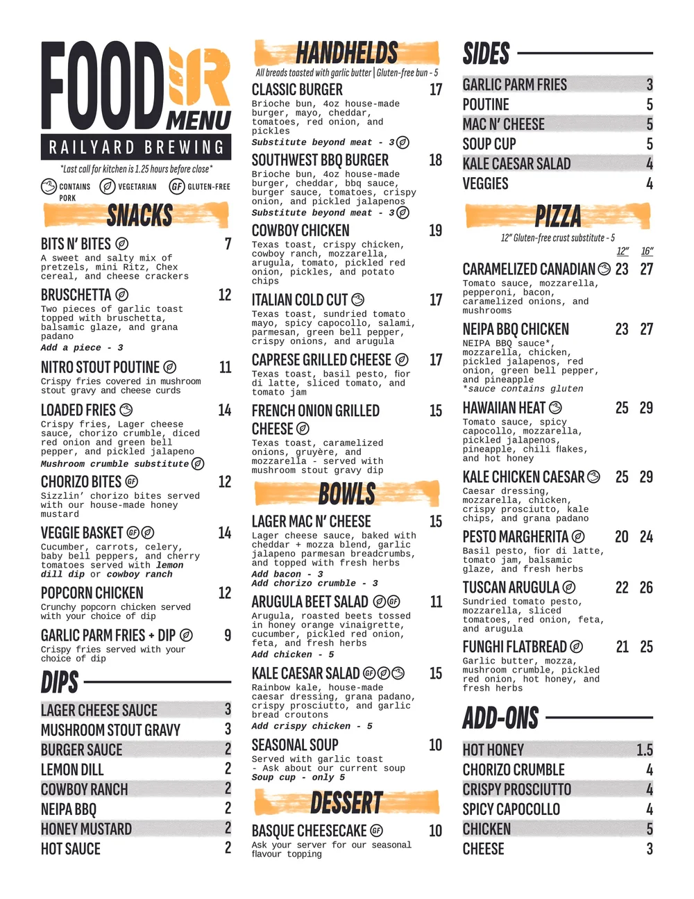 Railyard Brewing's Food & Beverage menu