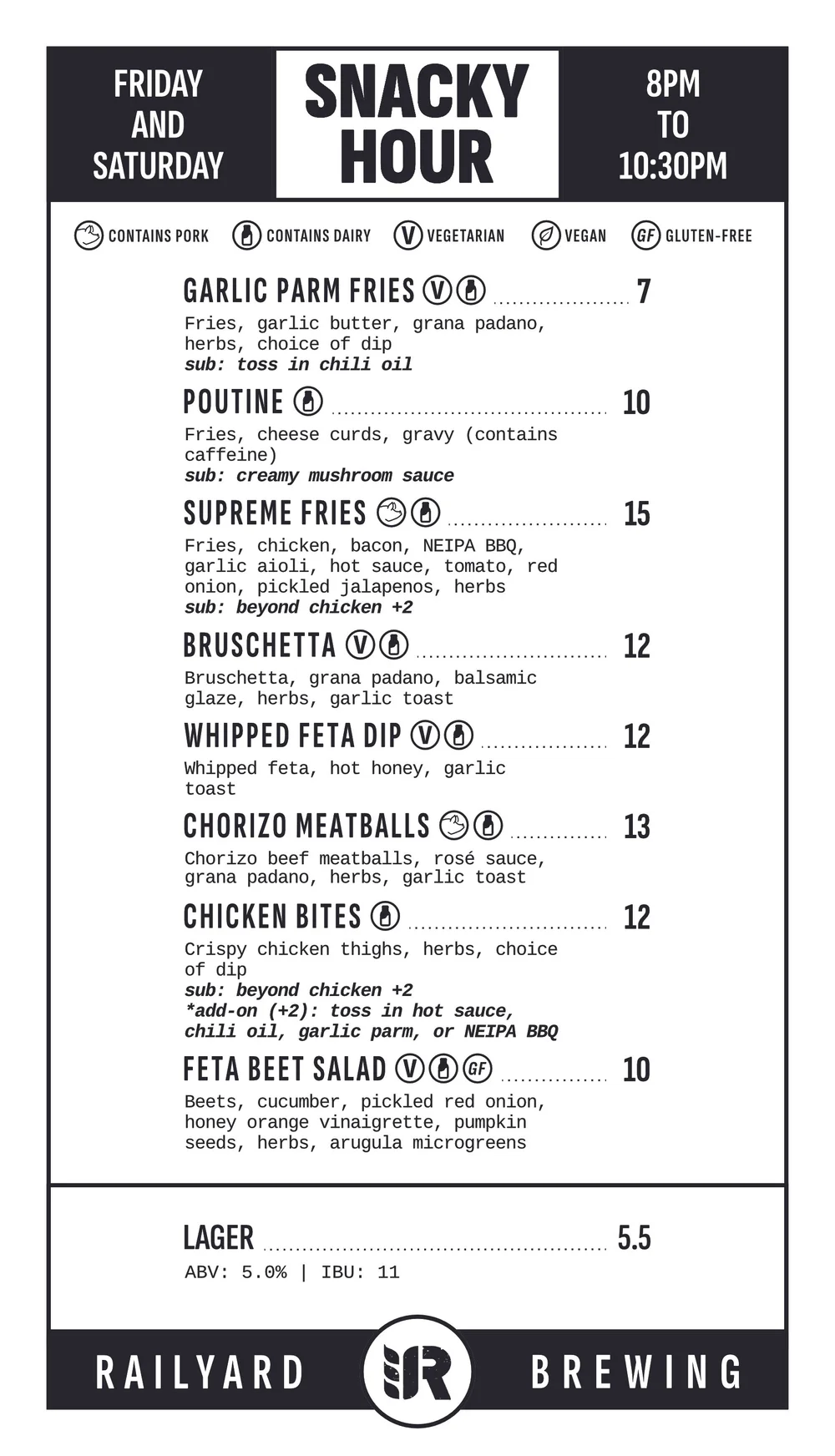 Railyard Brewing's Food & Beverage menu