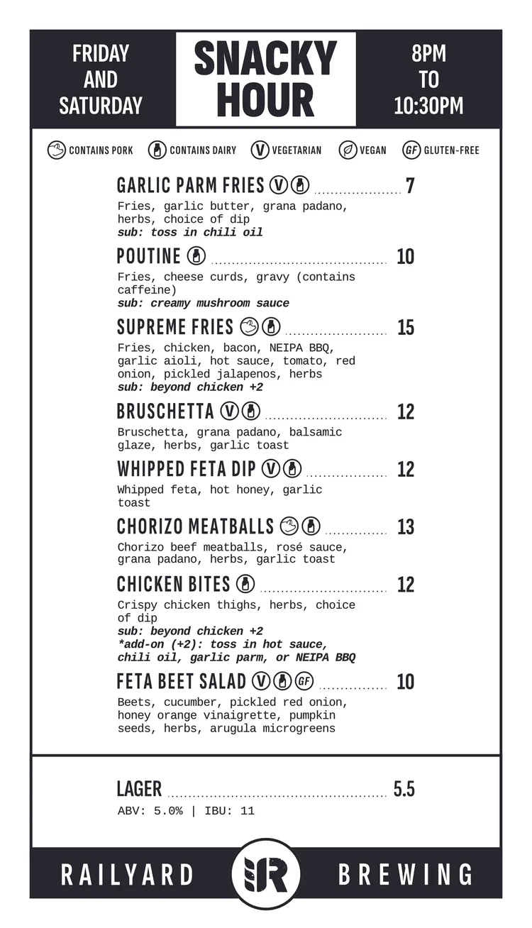 Railyard Brewing's Food & Beverage menu