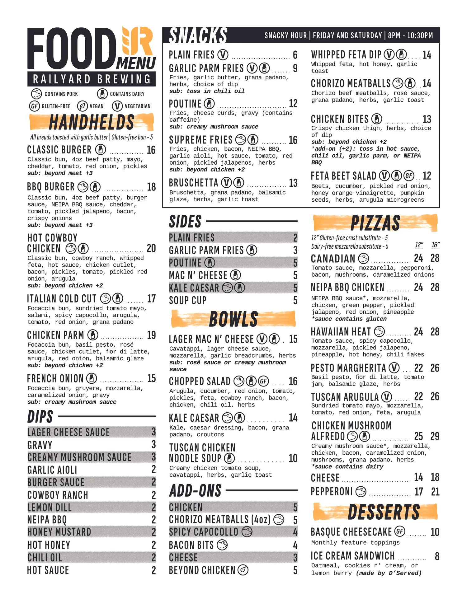 Railyard Brewing's Food & Beverage menu