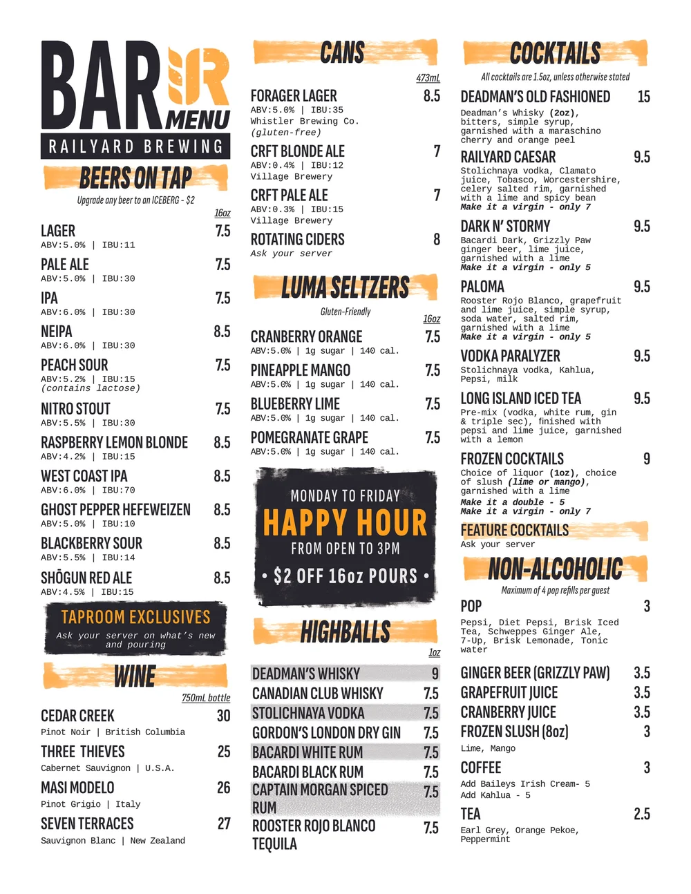 Railyard Brewing's Food & Beverage menu