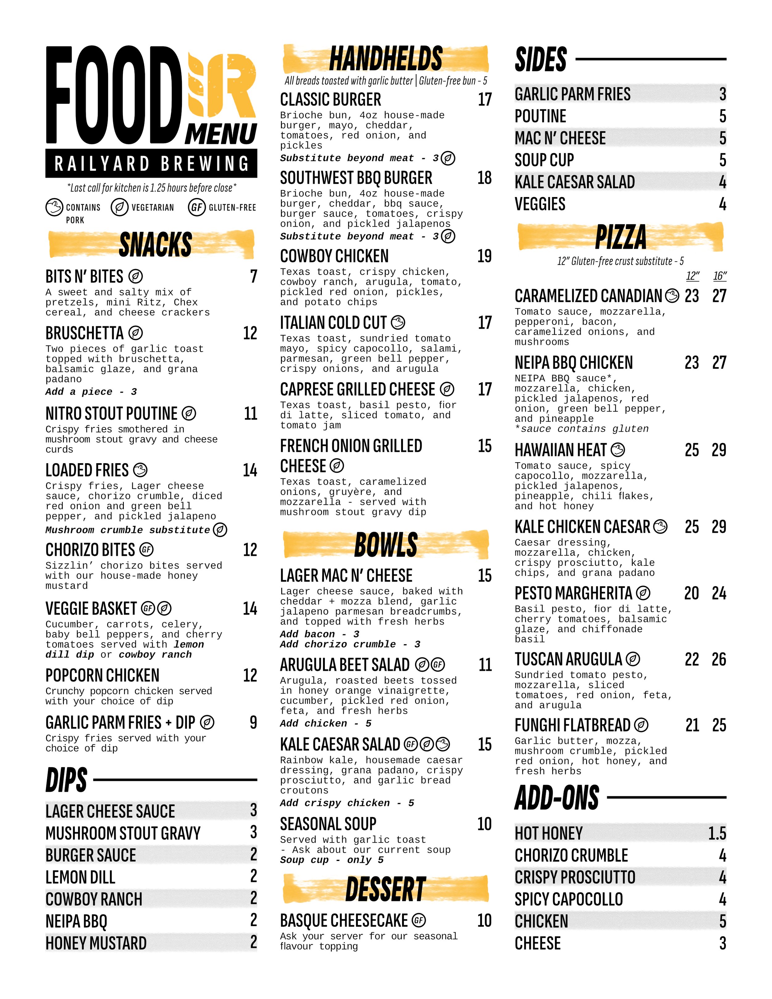 Railyard Brewing's Food & Beverage menu