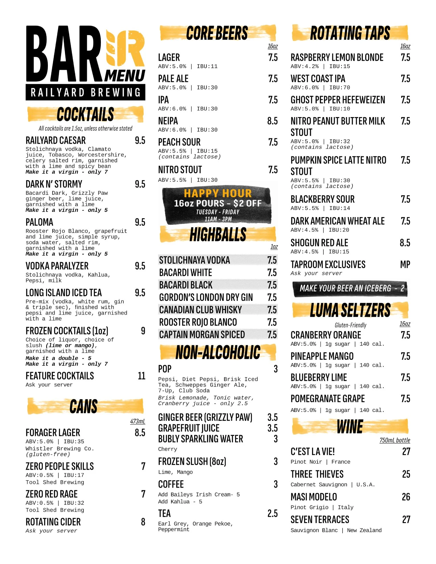 Railyard Brewing's Food & Beverage menu