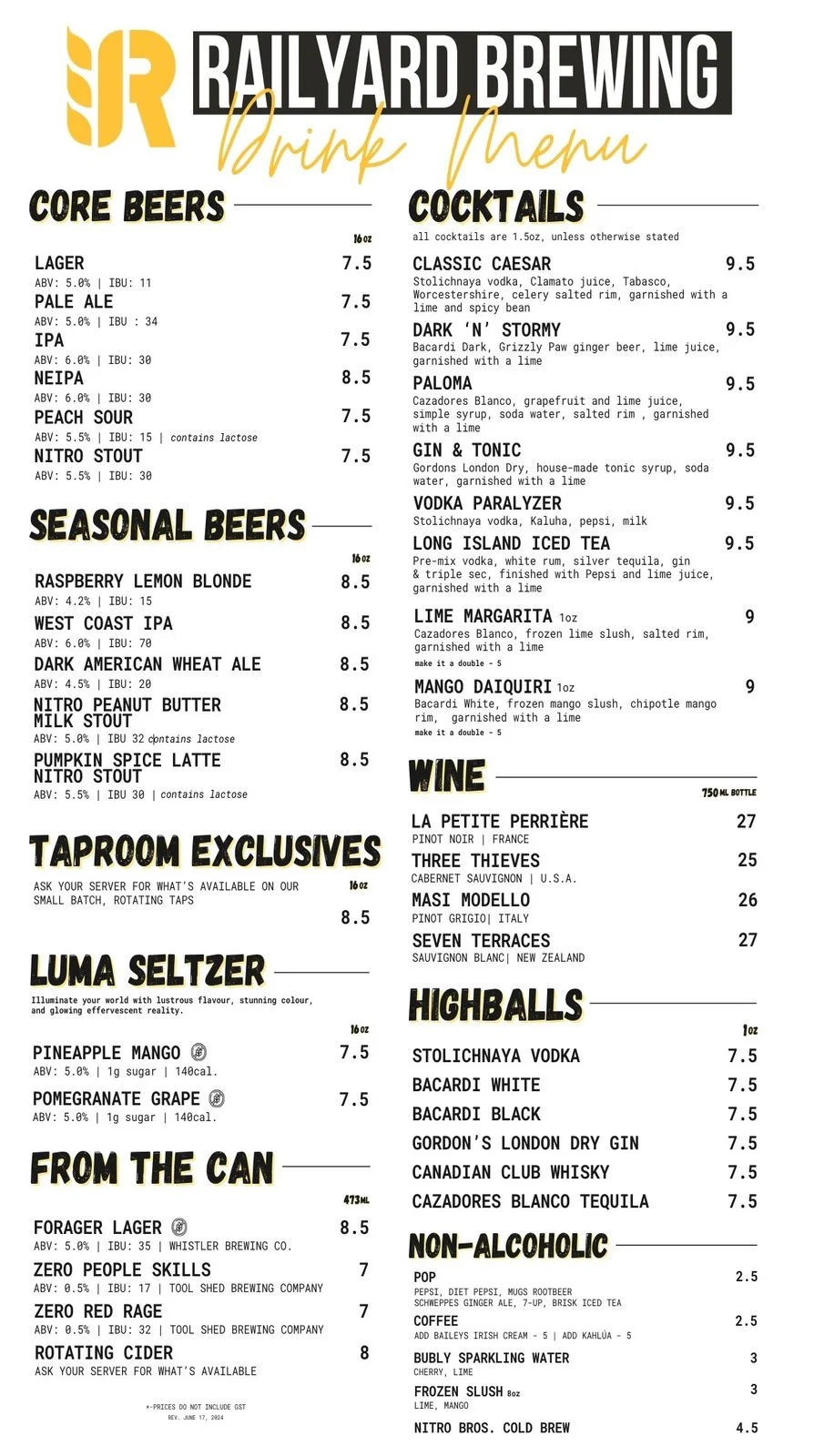 Railyard Brewing's Food & Beverage menu