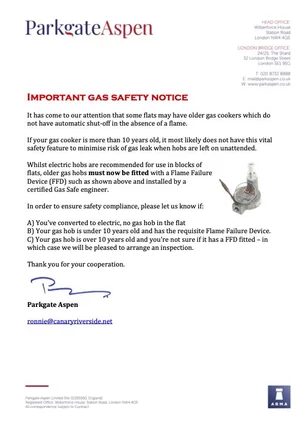 Gas safety notice — Canary Riverside