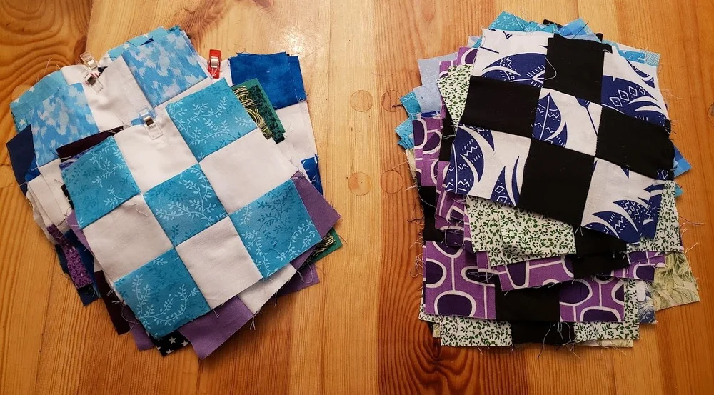 Nine Patch Variation with purples, greens, blues — Quilted Twins