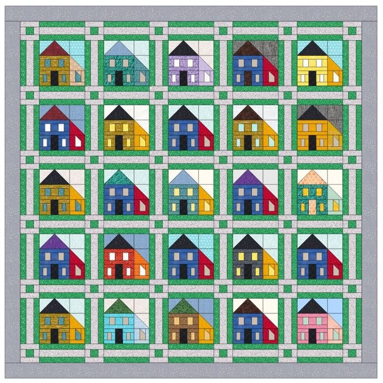 “Scrappy Houses” top finished — Quilted Twins