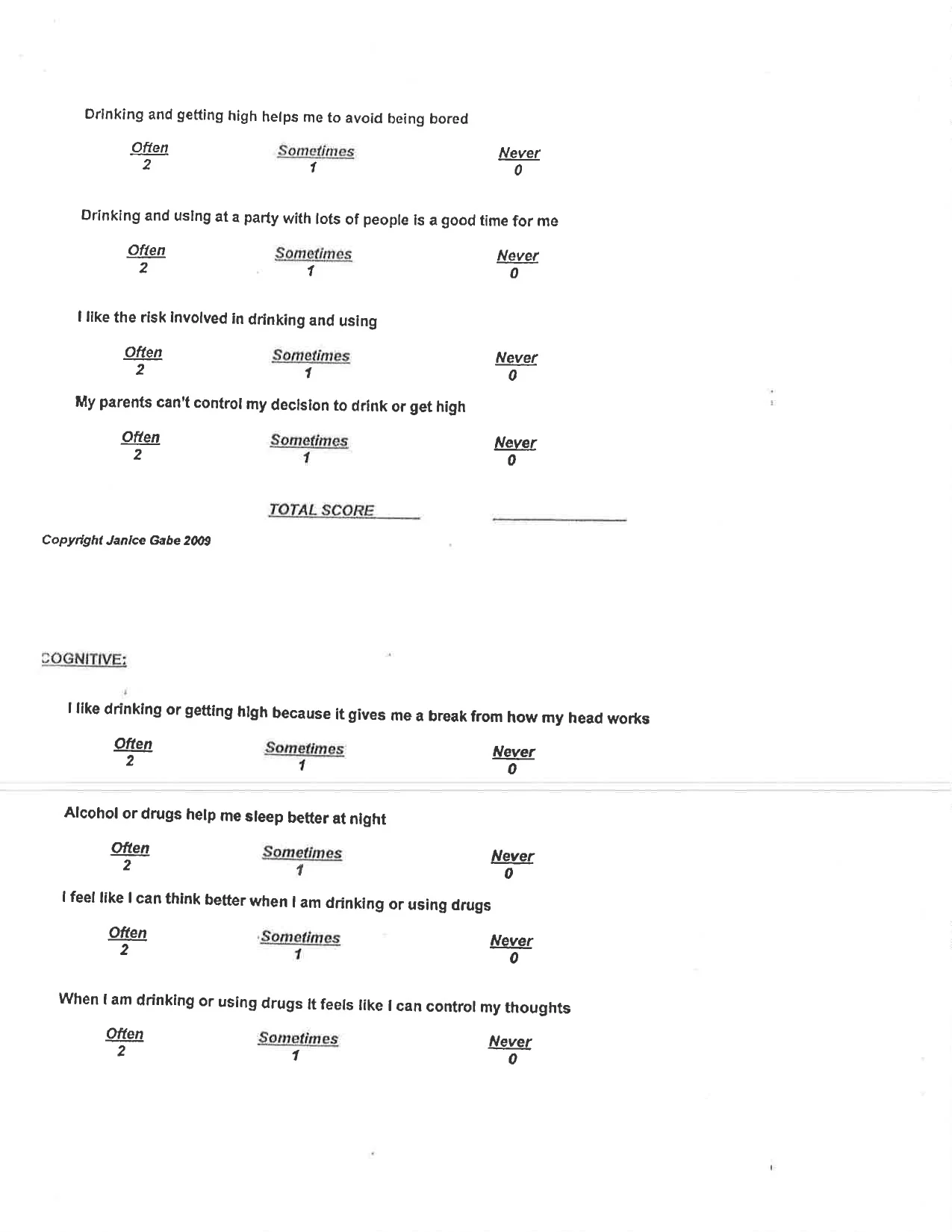 Substance Use Self-Assessment — New Perspectives