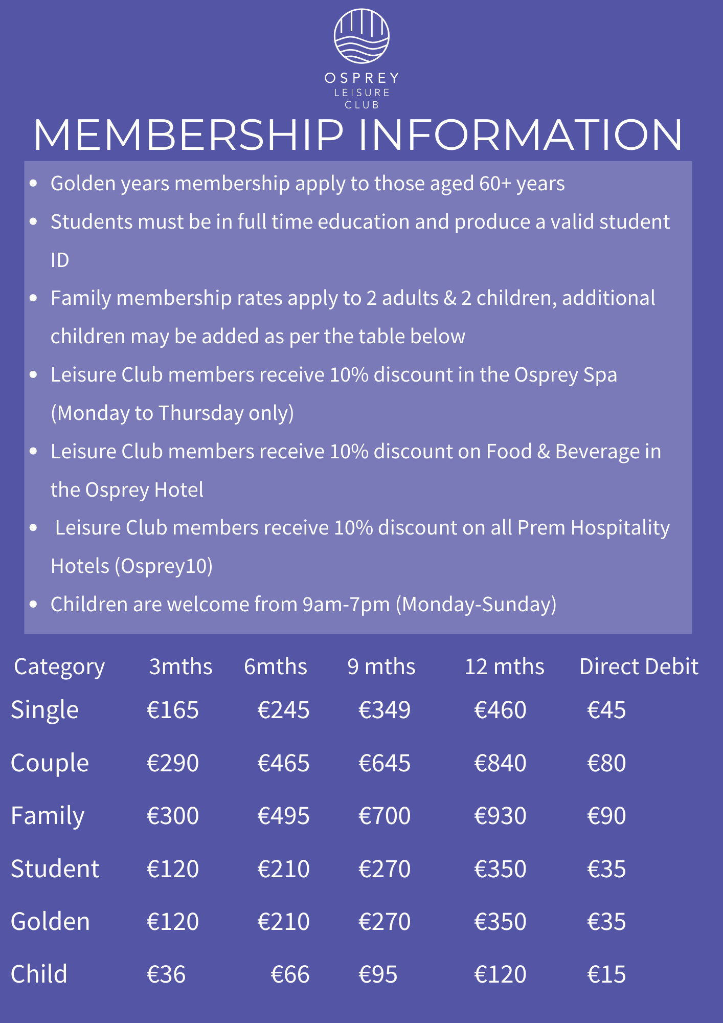Membership Pricess — Osprey Leisure Club
