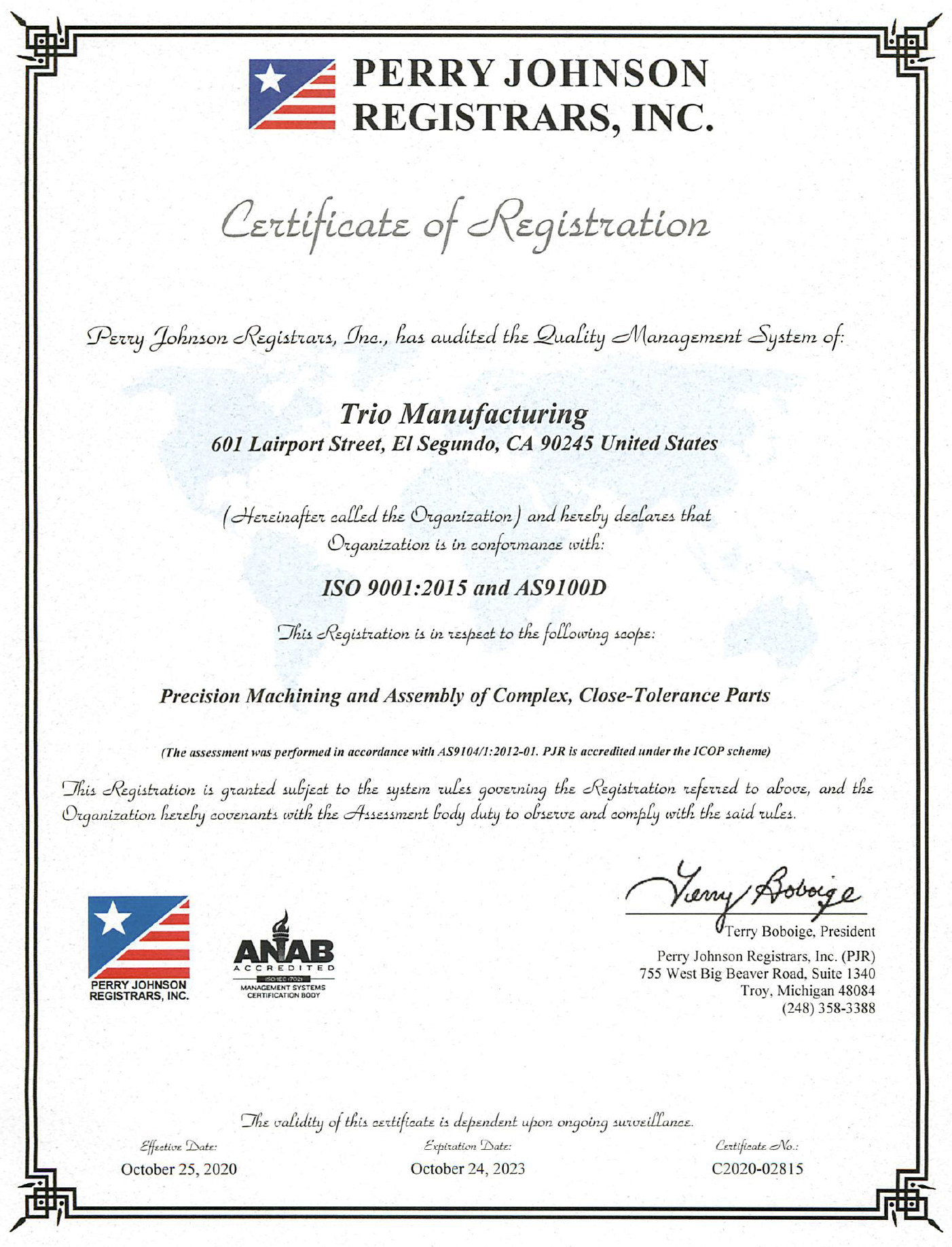 Certifications — Trio Manufacturing
