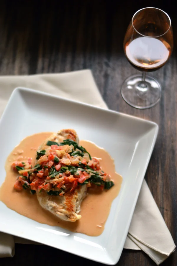 Chicken with Roasted Red Pepper Cream Sauce and Rosé — Full Glass