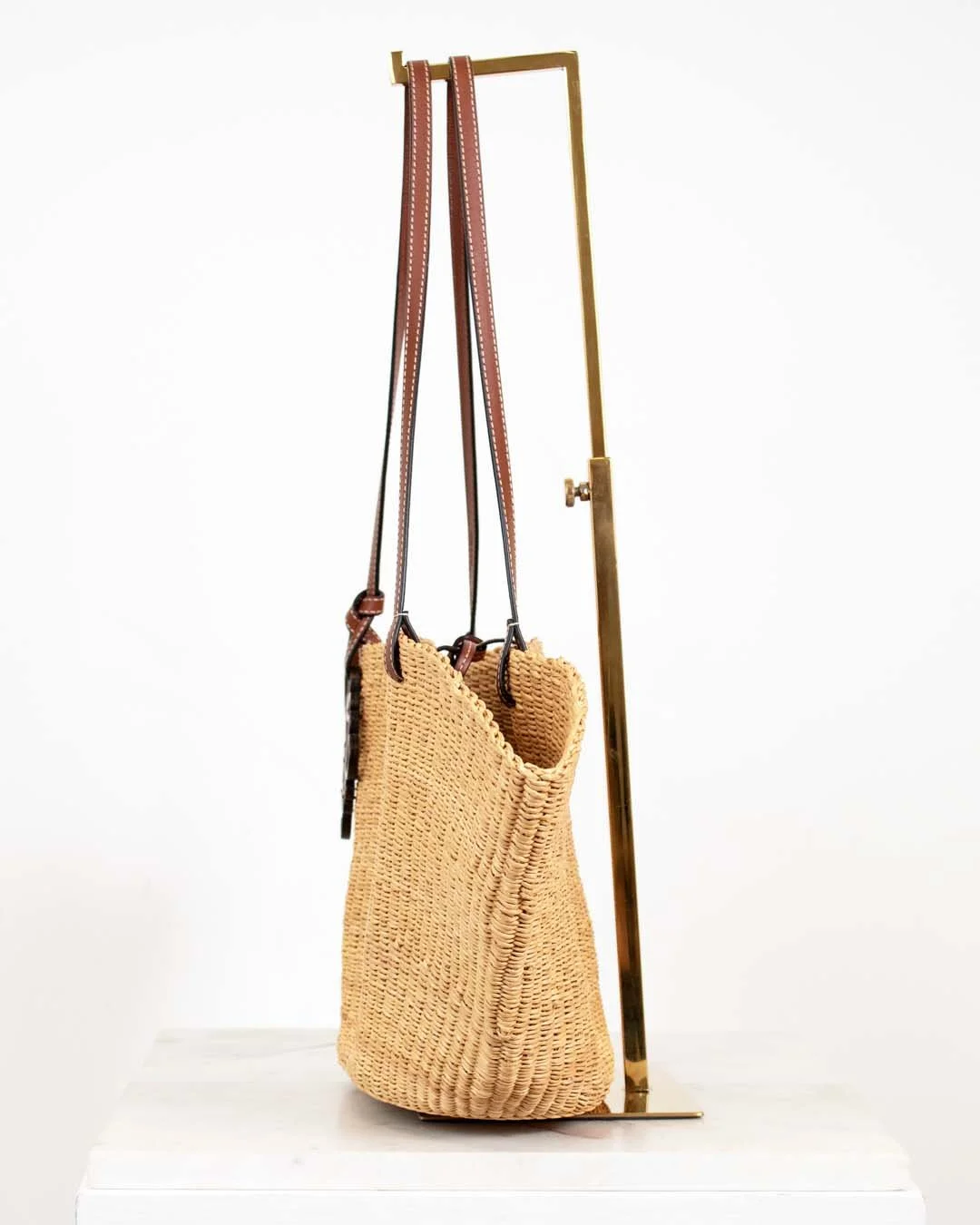 Loewe Shell Leather Trimmed Raffia Tote — Otra Vez Couture Consignment