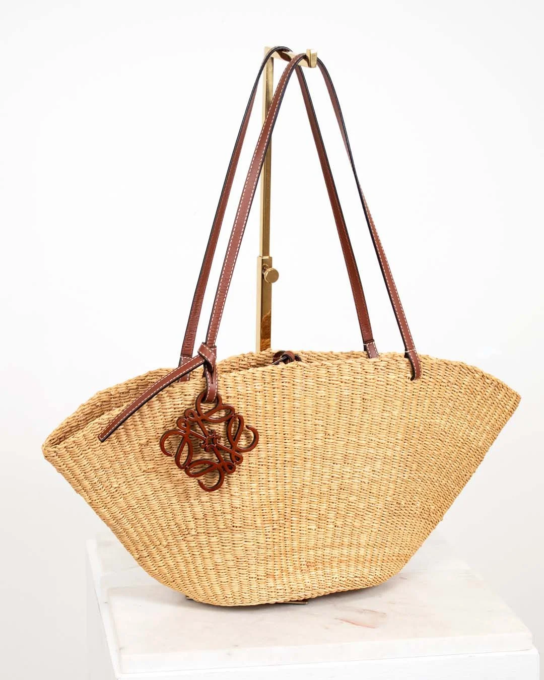 Loewe Shell Leather Trimmed Raffia Tote — Otra Vez Couture Consignment