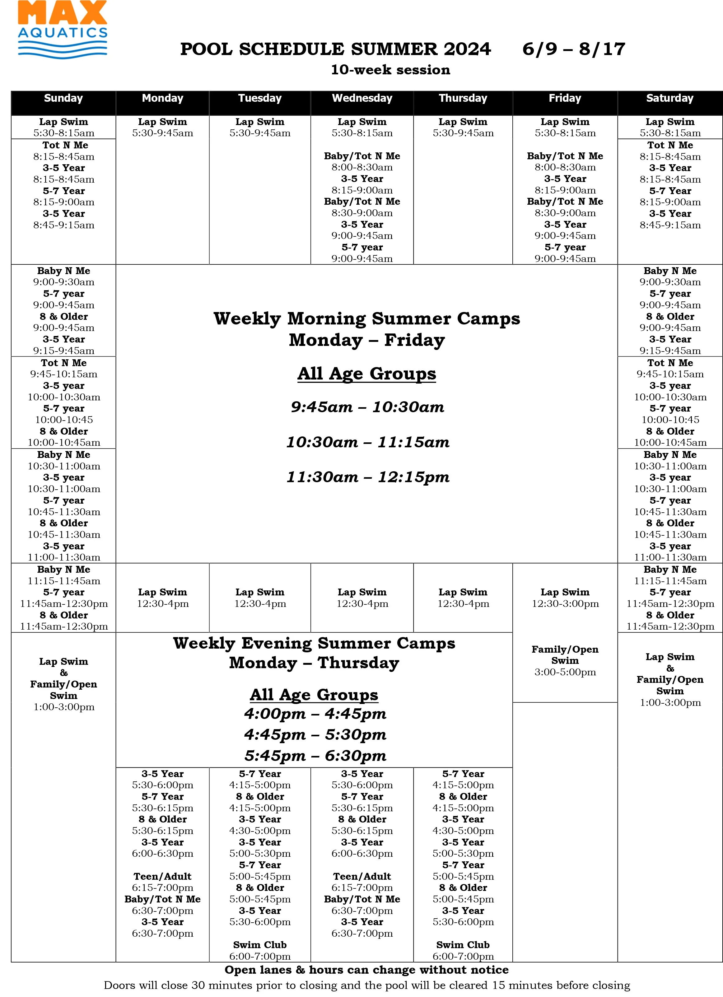 Pool Schedule at Max Aquatics