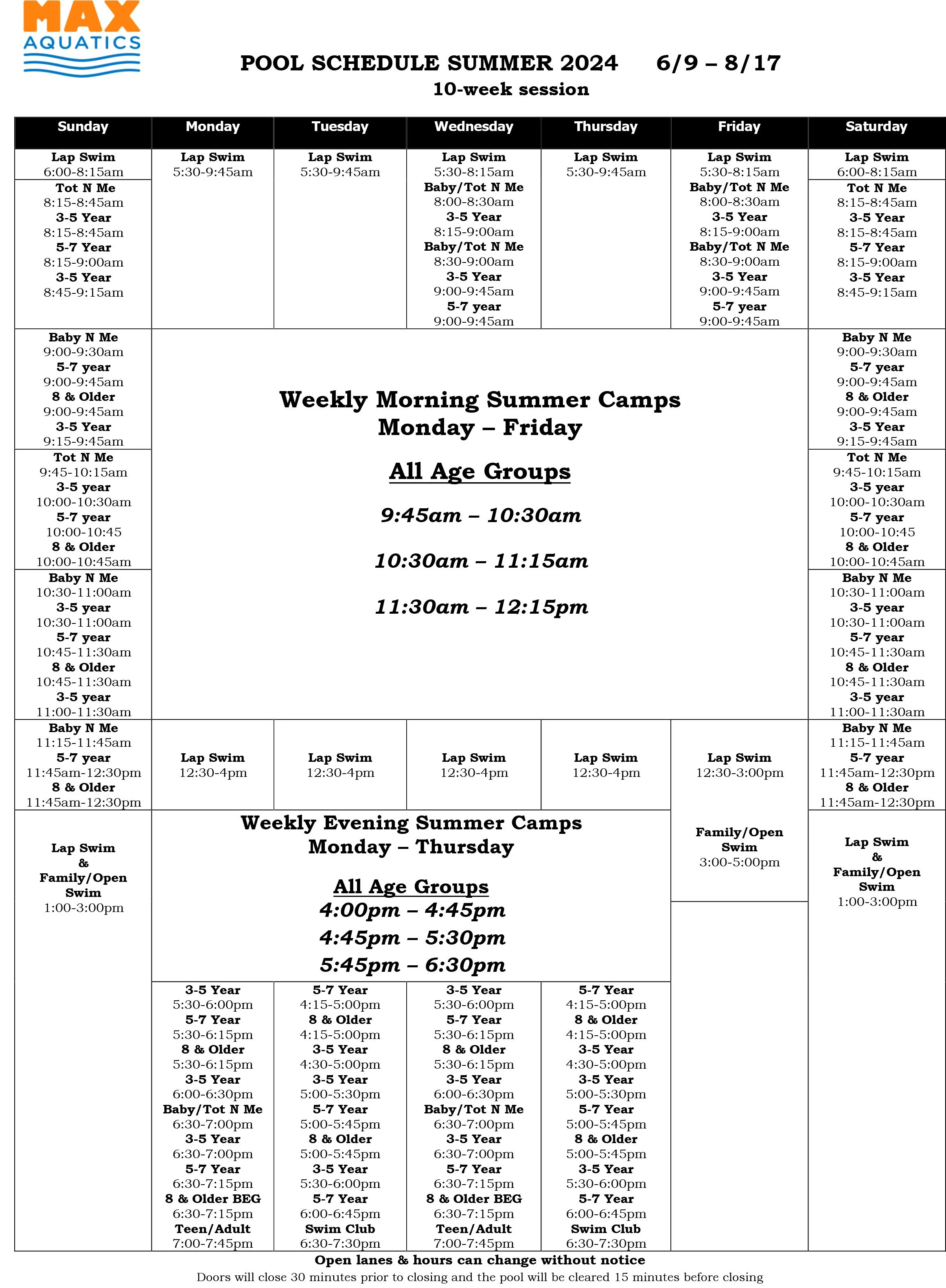 Pool Schedule at Max Aquatics