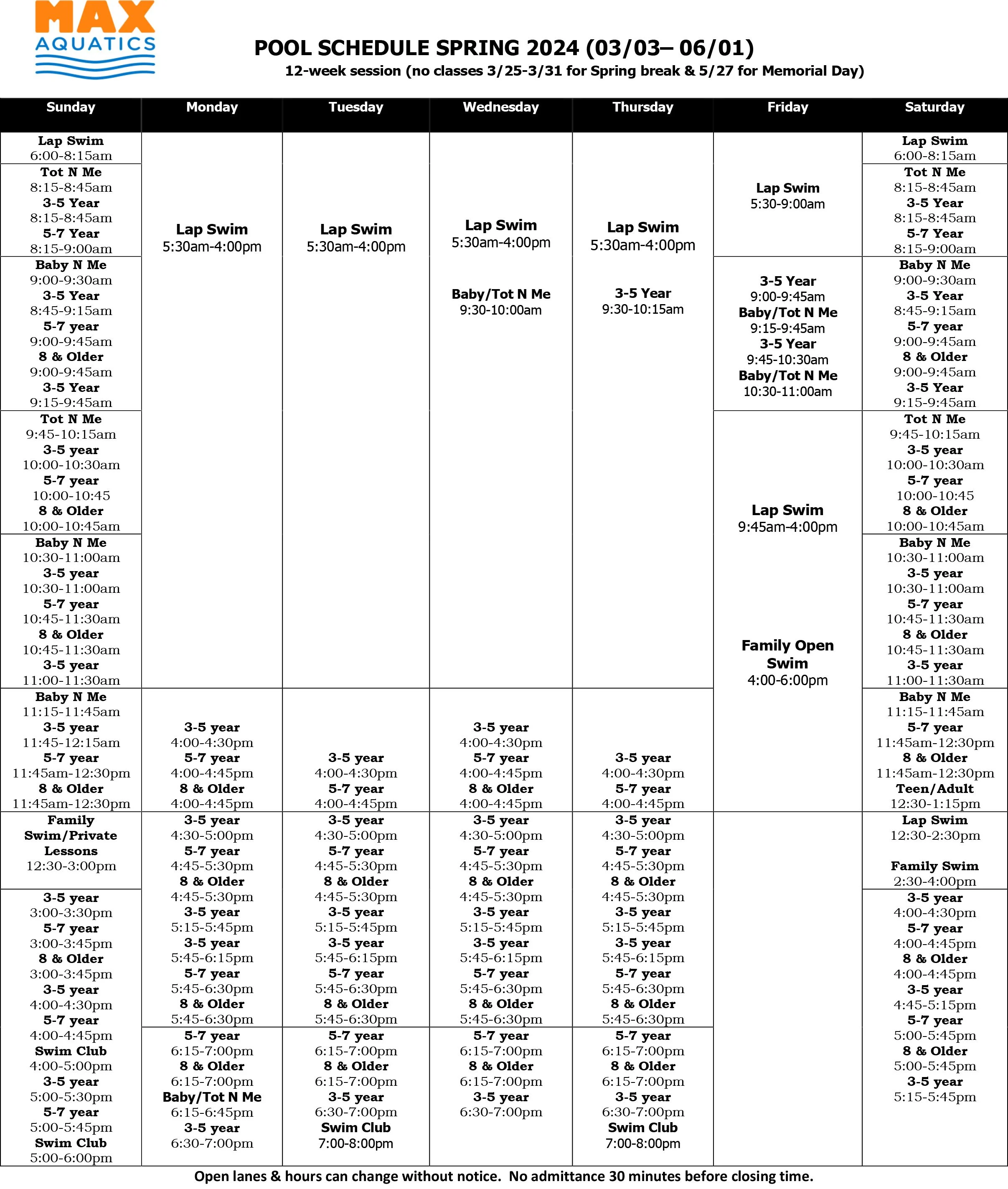 Pool Schedule at Max Aquatics