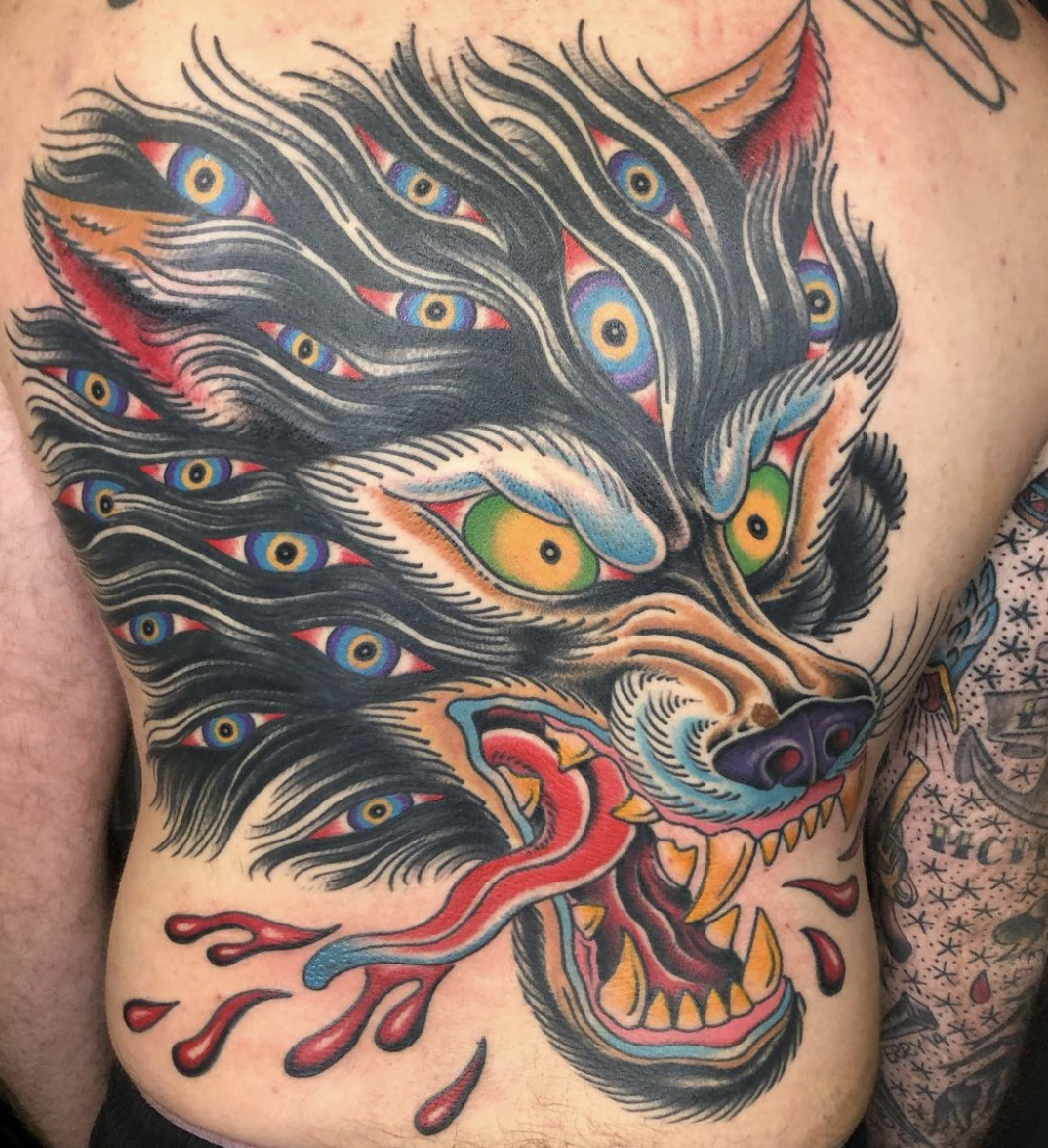 Neo Traditional Wolf Chest Tattoo