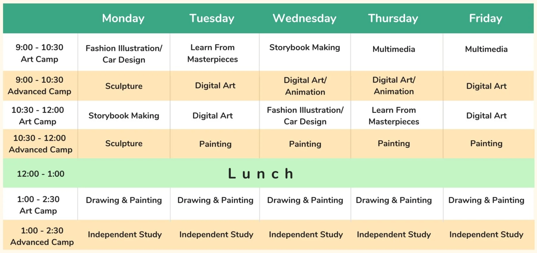 Summer Camp Schedule — Glenview School of Arts