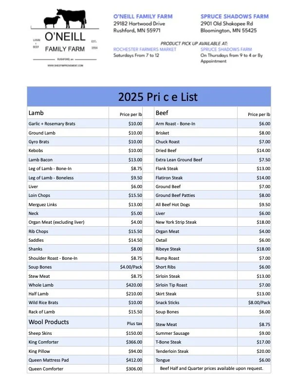 Price List — O'Neill Family Farm