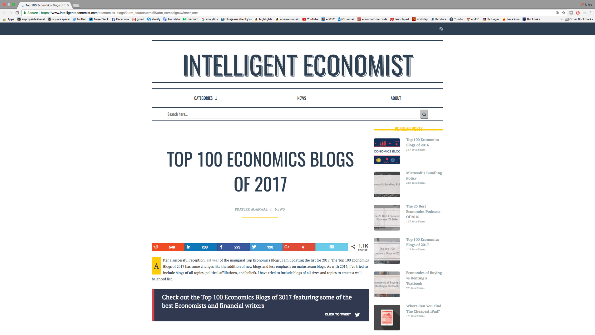 Intelligent Economist: Top 100 Economics Blogs of 2017 — Confessions of ...