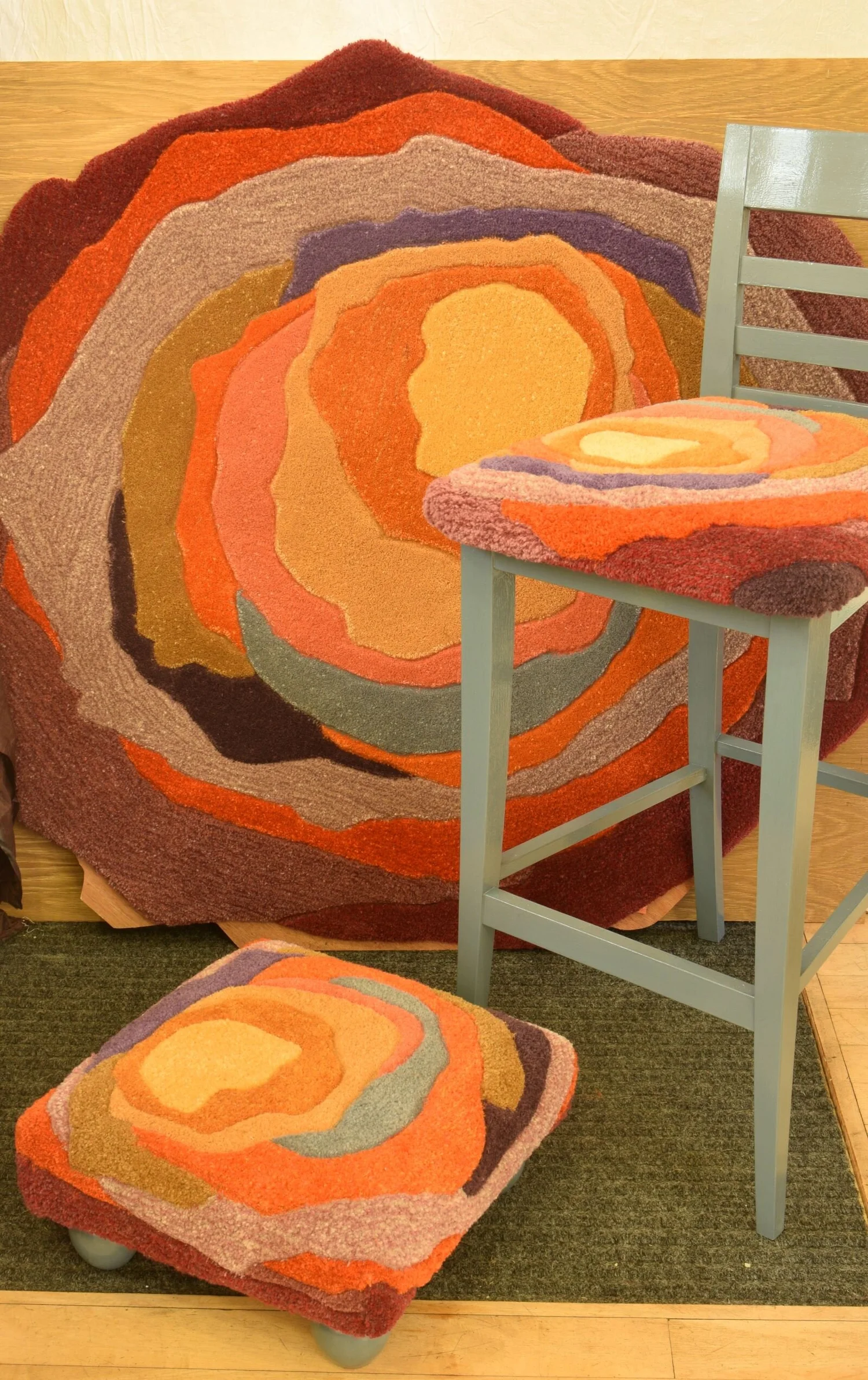 Dappled Light wool pile hand tufted rug and upholstered stools — Rugaura