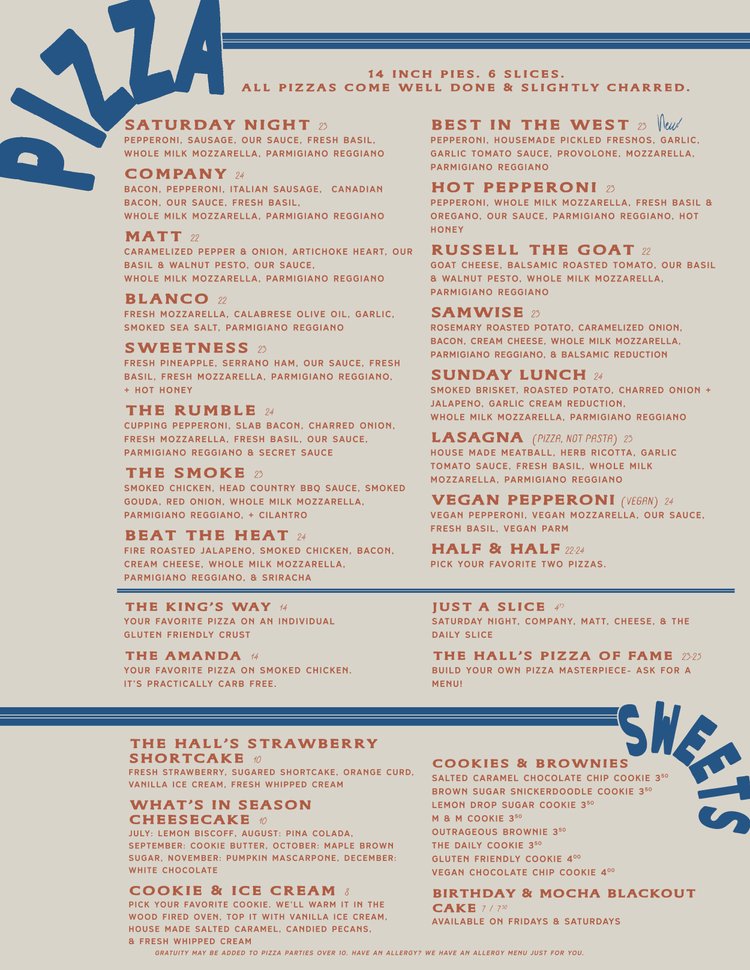 MENU — The Hall's Pizza Kitchen