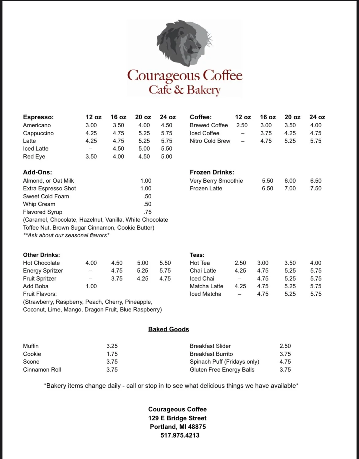 Cafe & Bakery Menu — Courageous Coffee