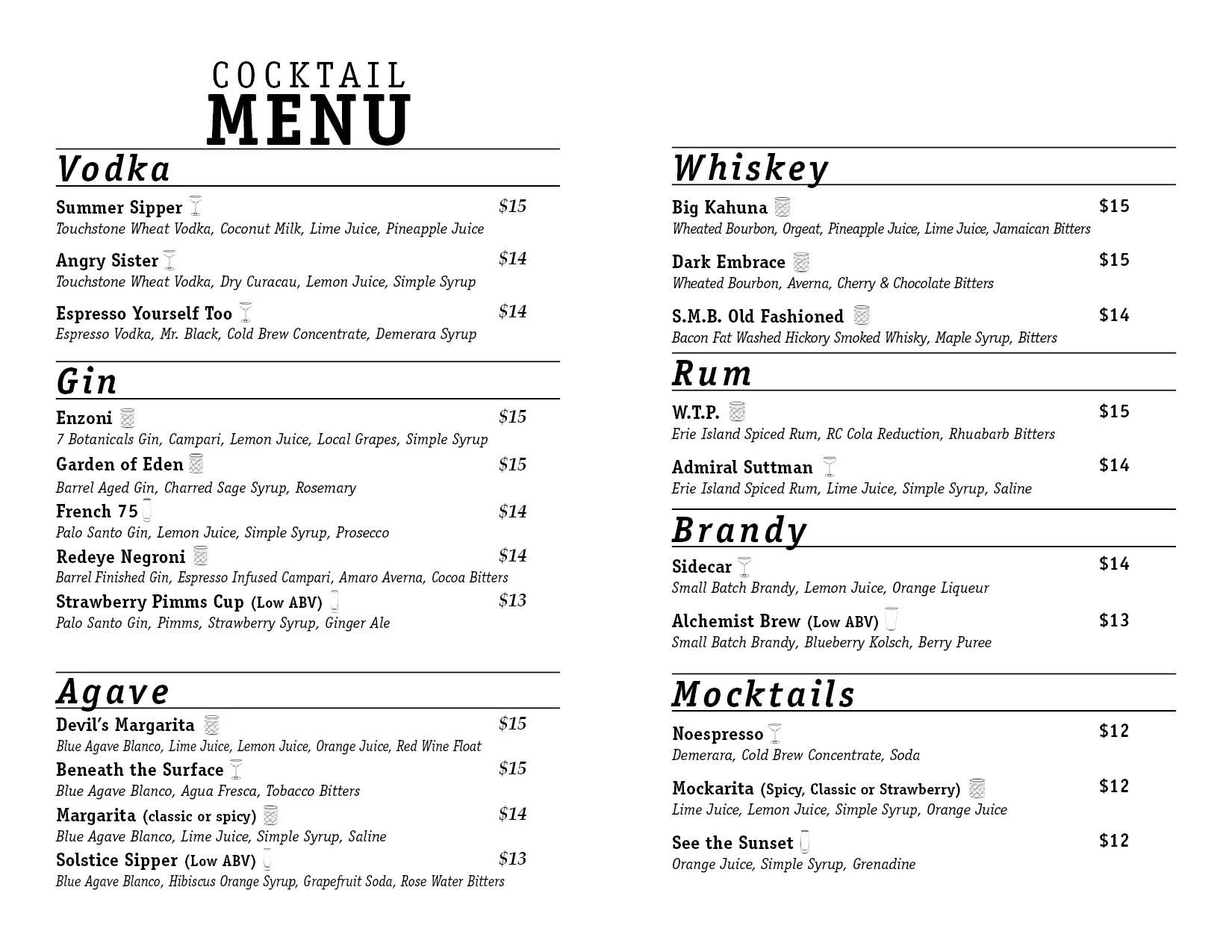 Menu — Seven Brothers Distilling Co.