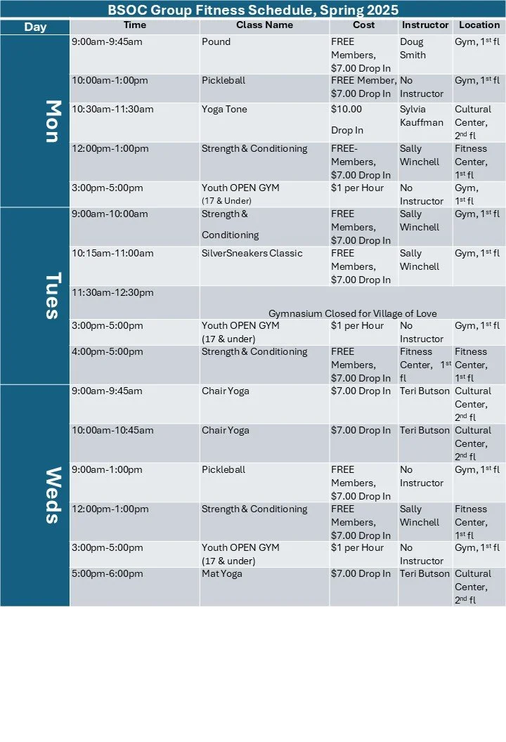 Fitness Schedule — Bright Side Opportunities Center