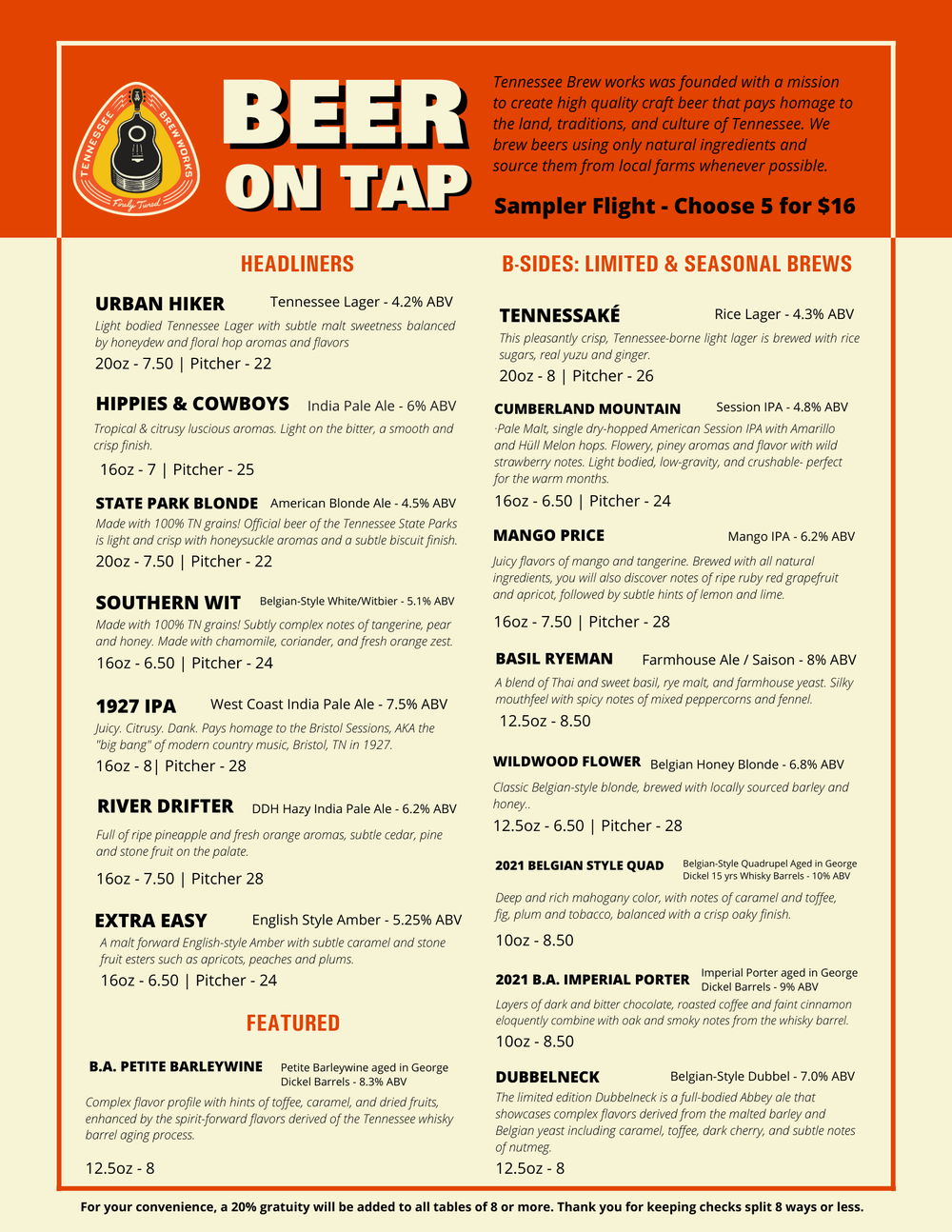 Tennessee Brew Works | Taproom Beer List