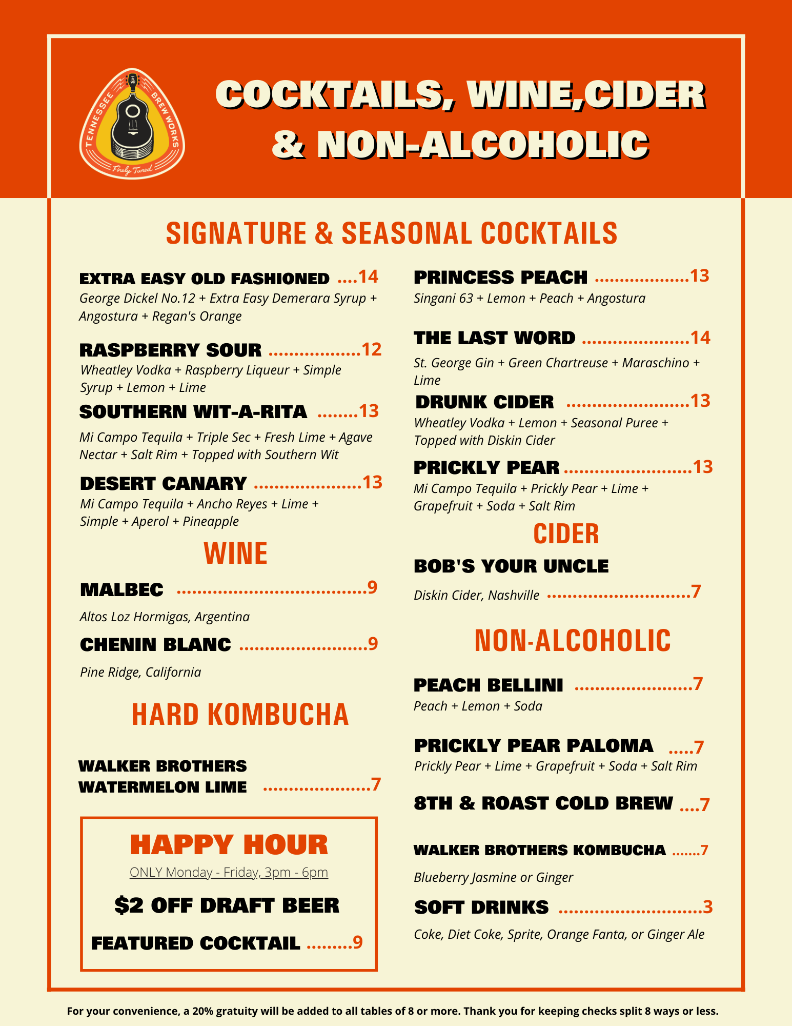 Tennessee Brew Works | Cocktail Menu