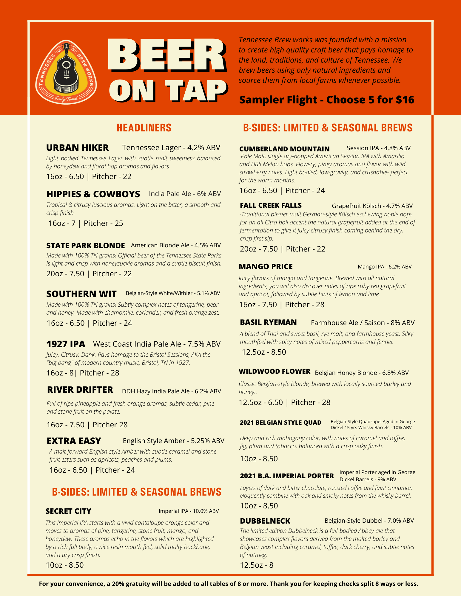 Tennessee Brew Works | Taproom Beer List