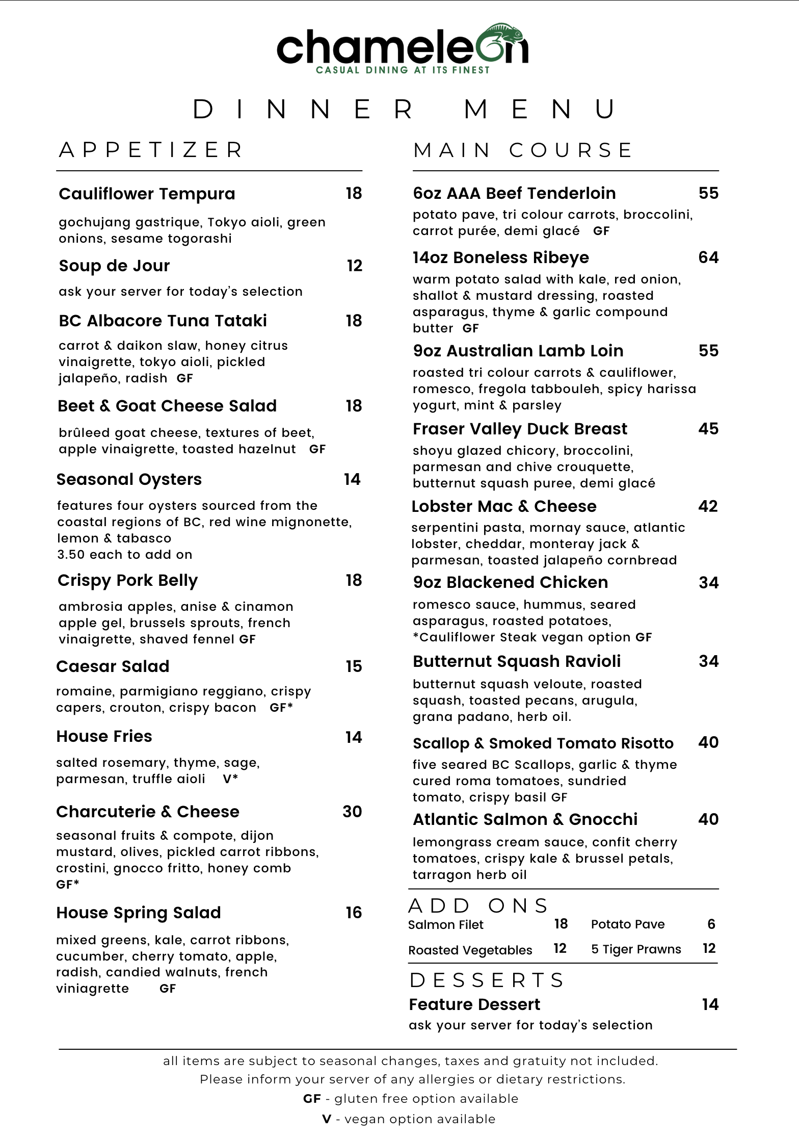 Dinner Menu — Chameleon