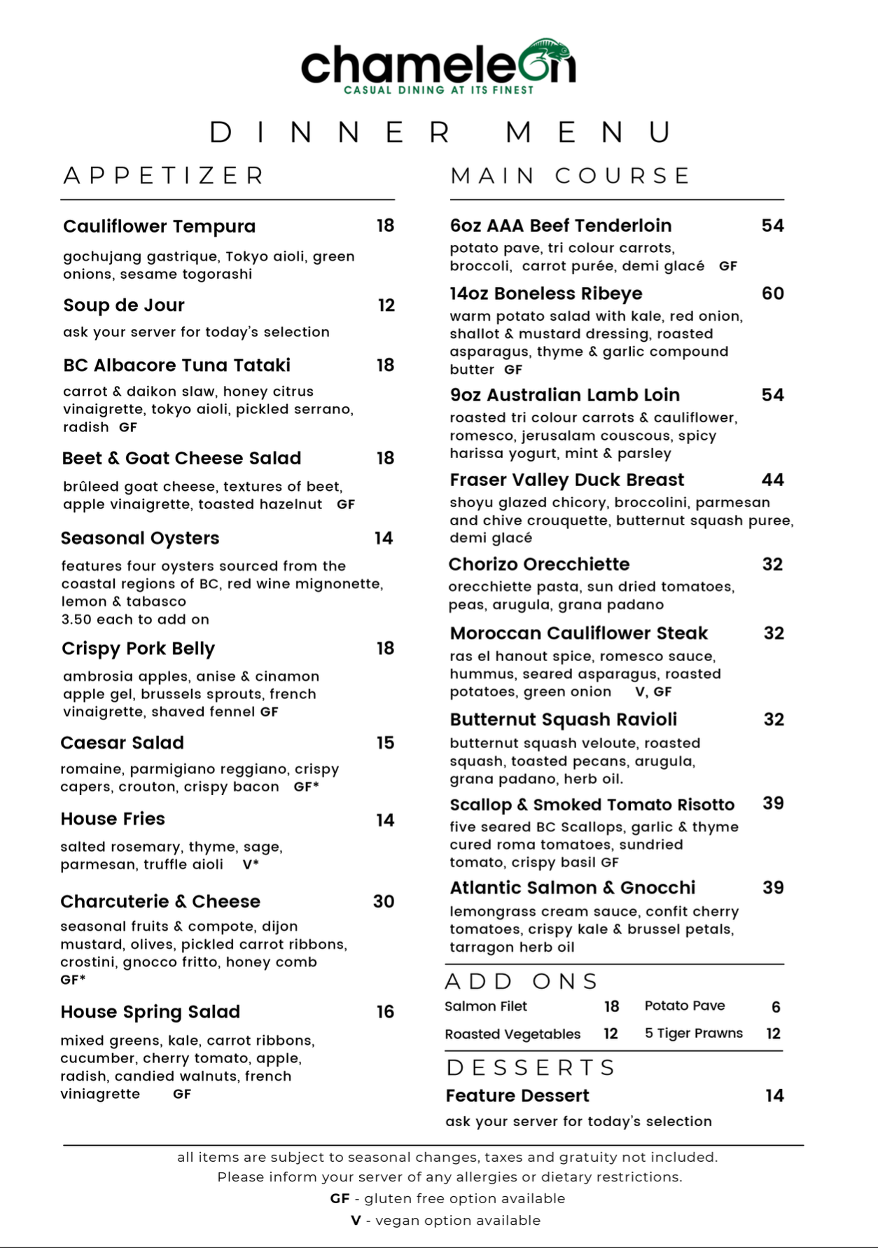 Dinner Menu — Chameleon