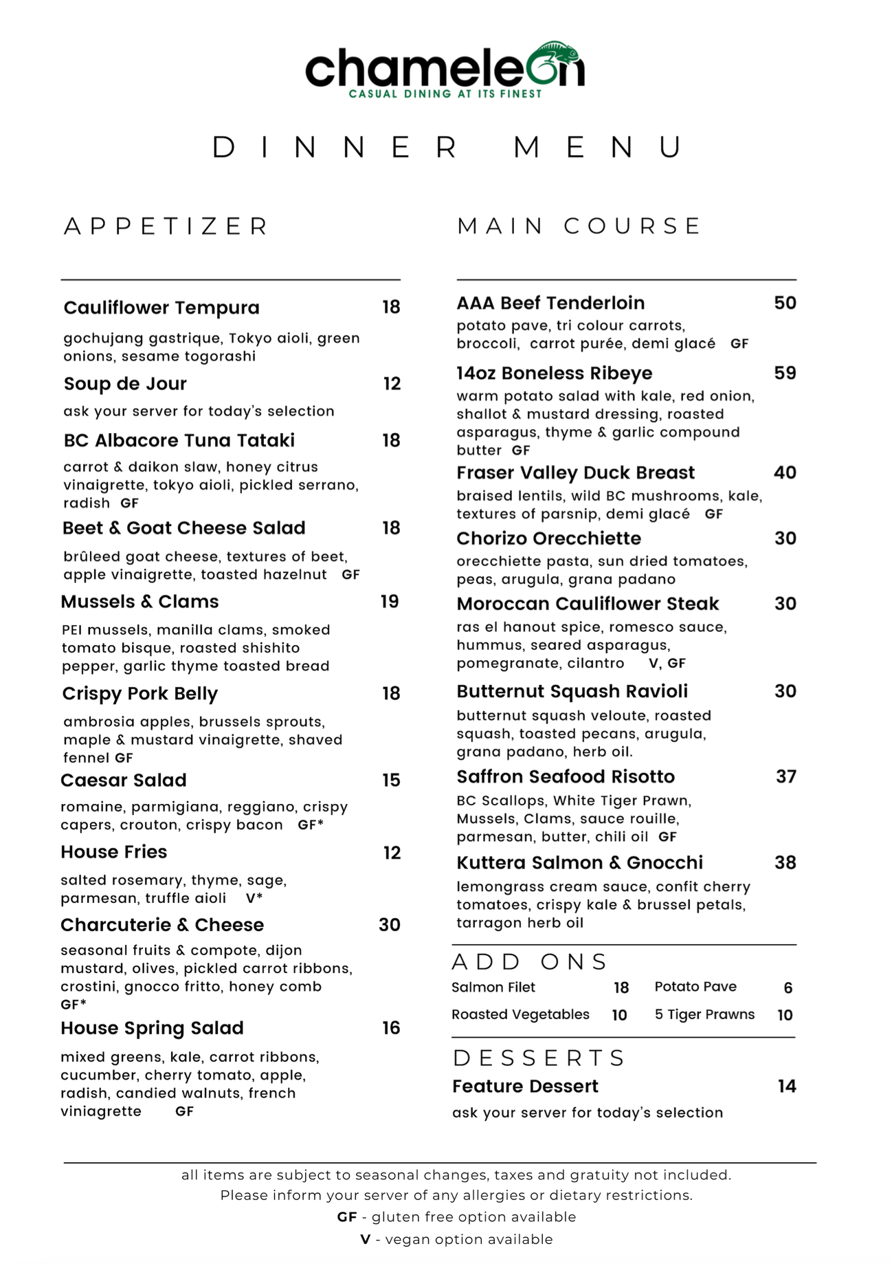 Dinner Menu — Chameleon